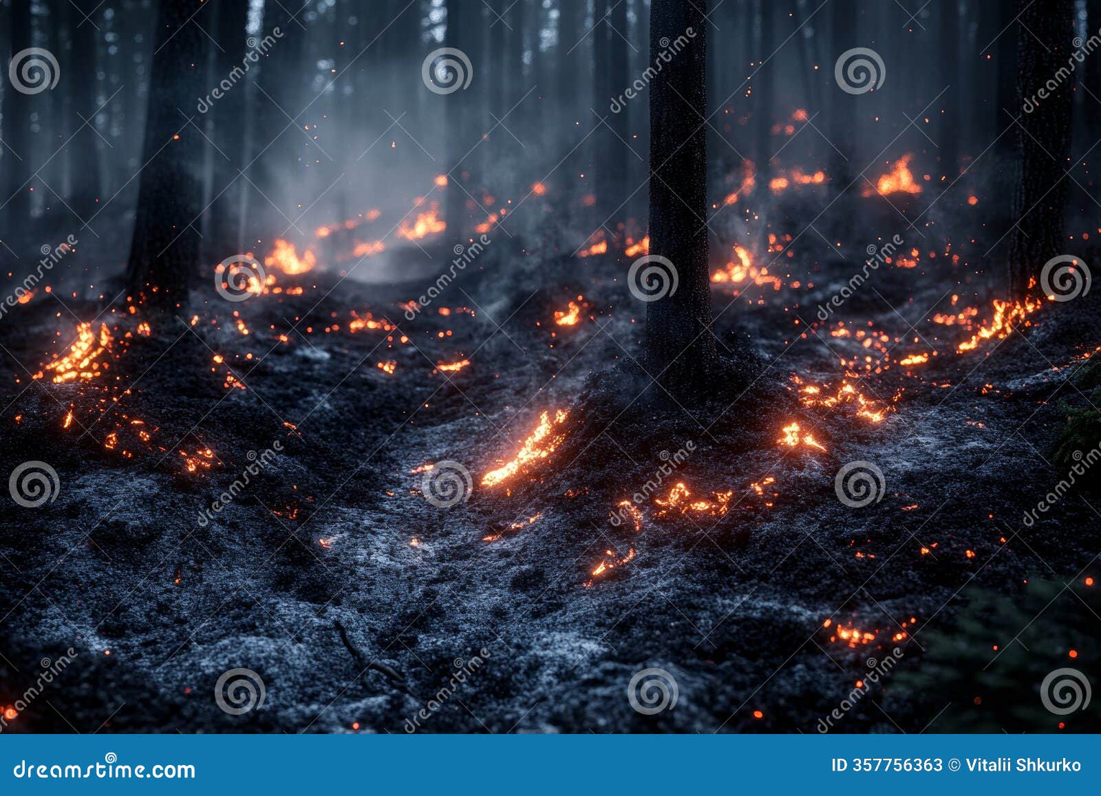 Forest Remnants Smolder with Ash and Glowing Embers after a Devastating ...