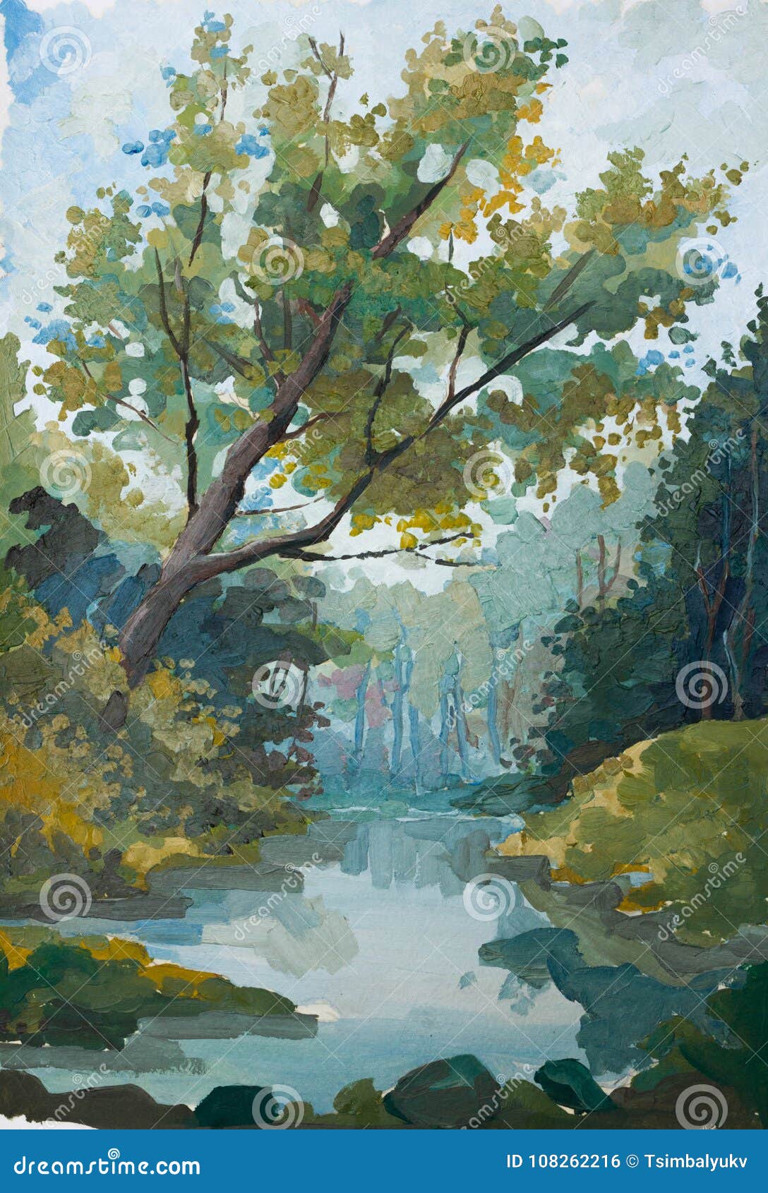 Forest River Drawing Watercolor Stock Illustration - Illustration of ...