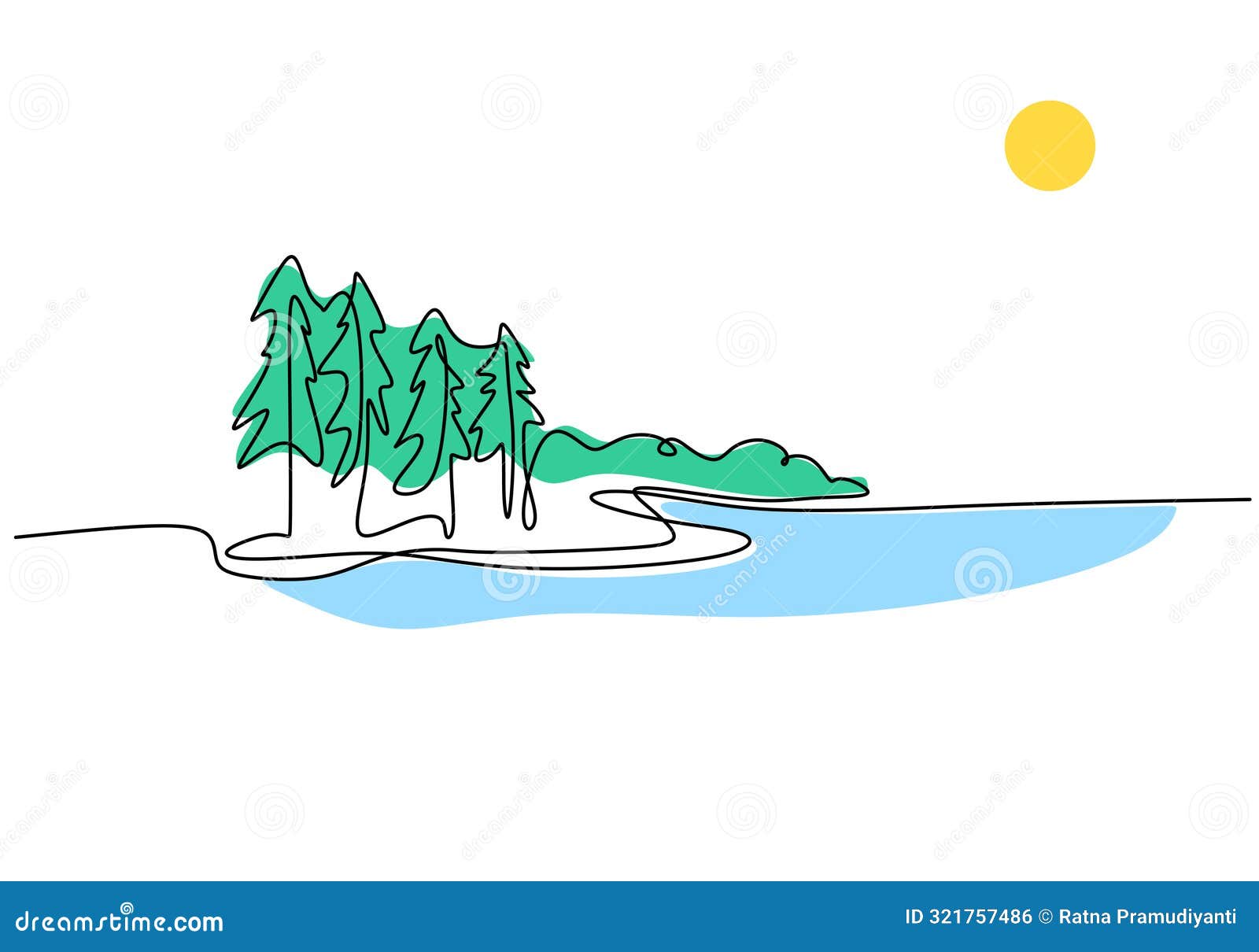 Forest and River One Line Art Drawing. Continuous Single Hand Drawn of ...