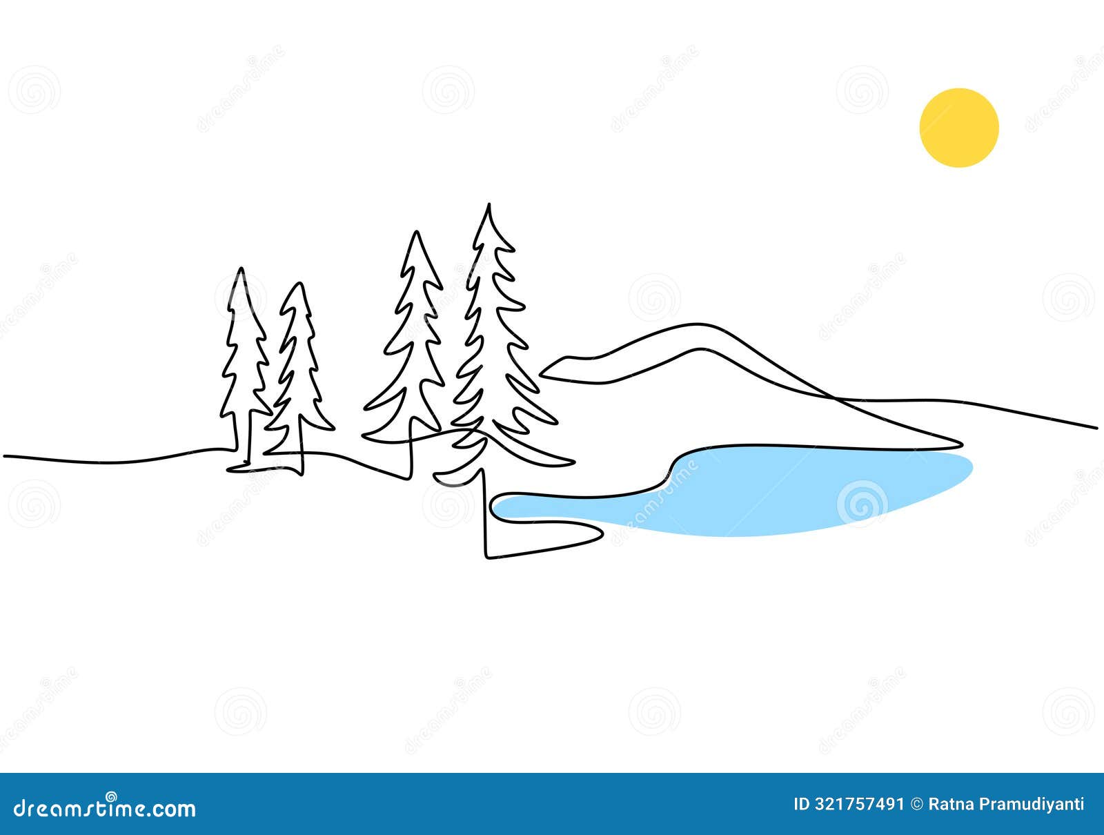 Forest and River One Line Art Drawing. Continuous Single Hand Drawn of ...