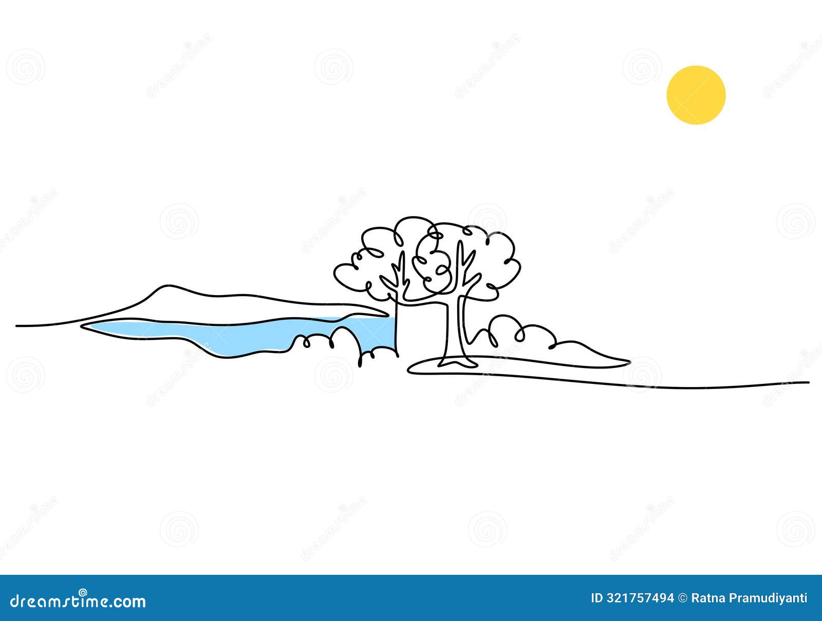 Forest and River One Line Art Drawing. Continuous Single Hand Drawn of ...