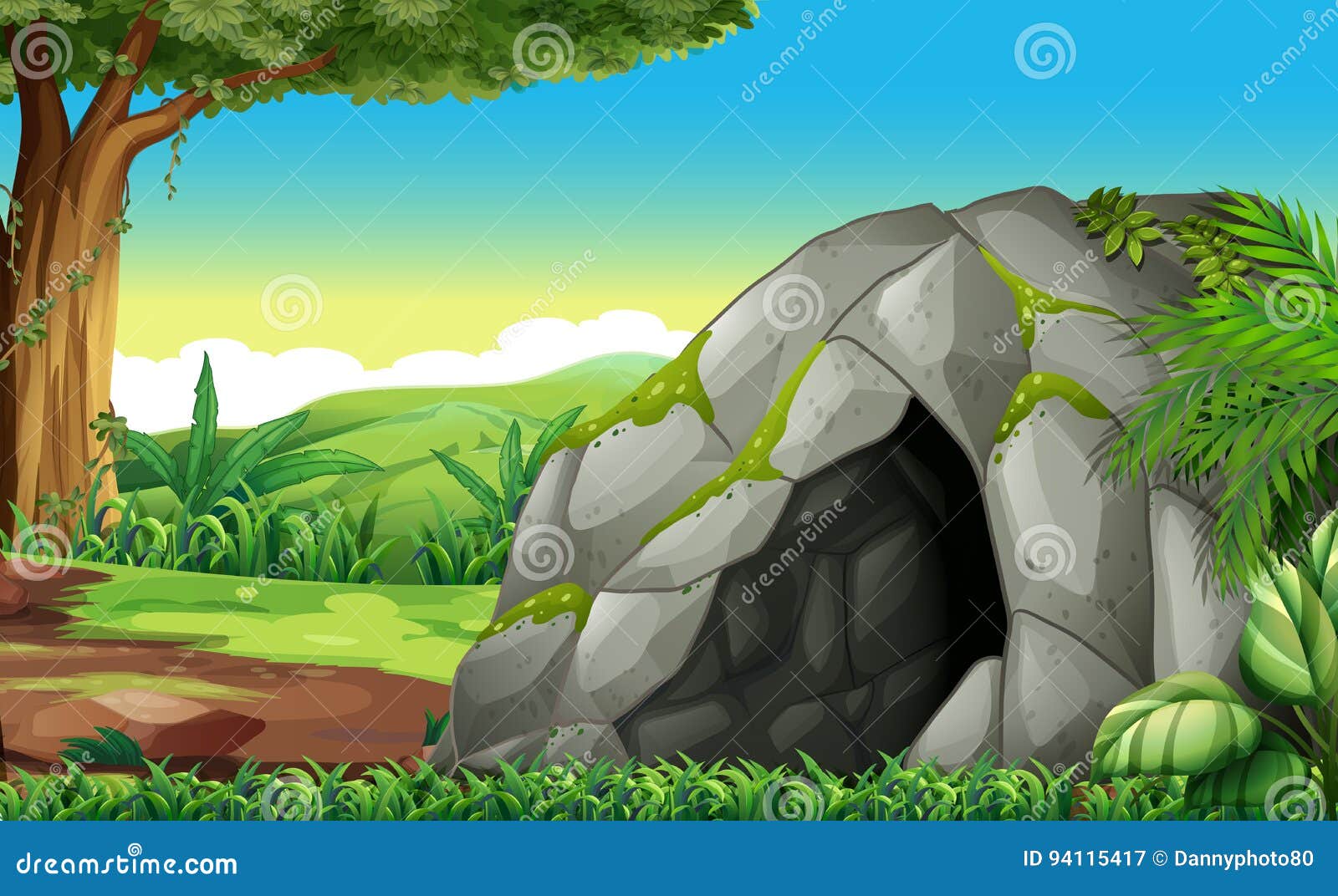 Forest scene with cave stock vector. Illustration of clip - 94115417