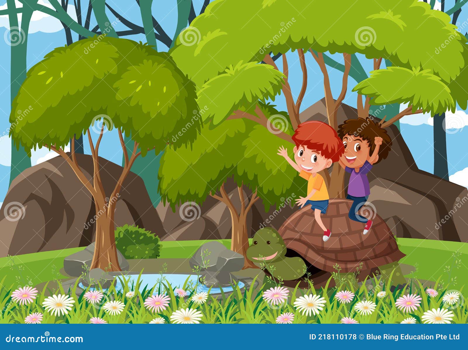 Forest Scene with Children Playing with a Turtle Stock Vector ...