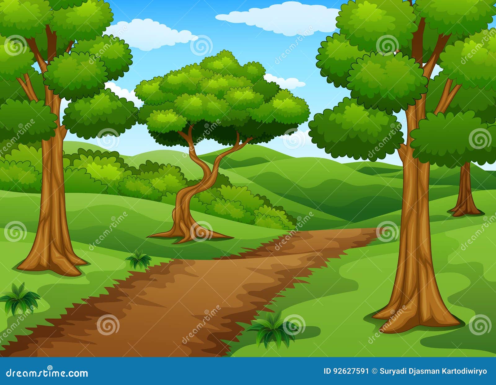 Forest Scene with Dirt Trail Stock Vector - Illustration of rural ...