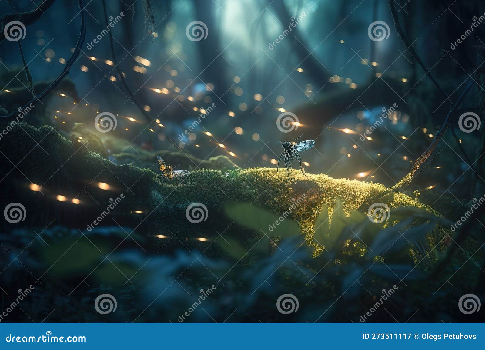 A Forest Scene with Fireflies Flying through the Air and Glowing Lights ...