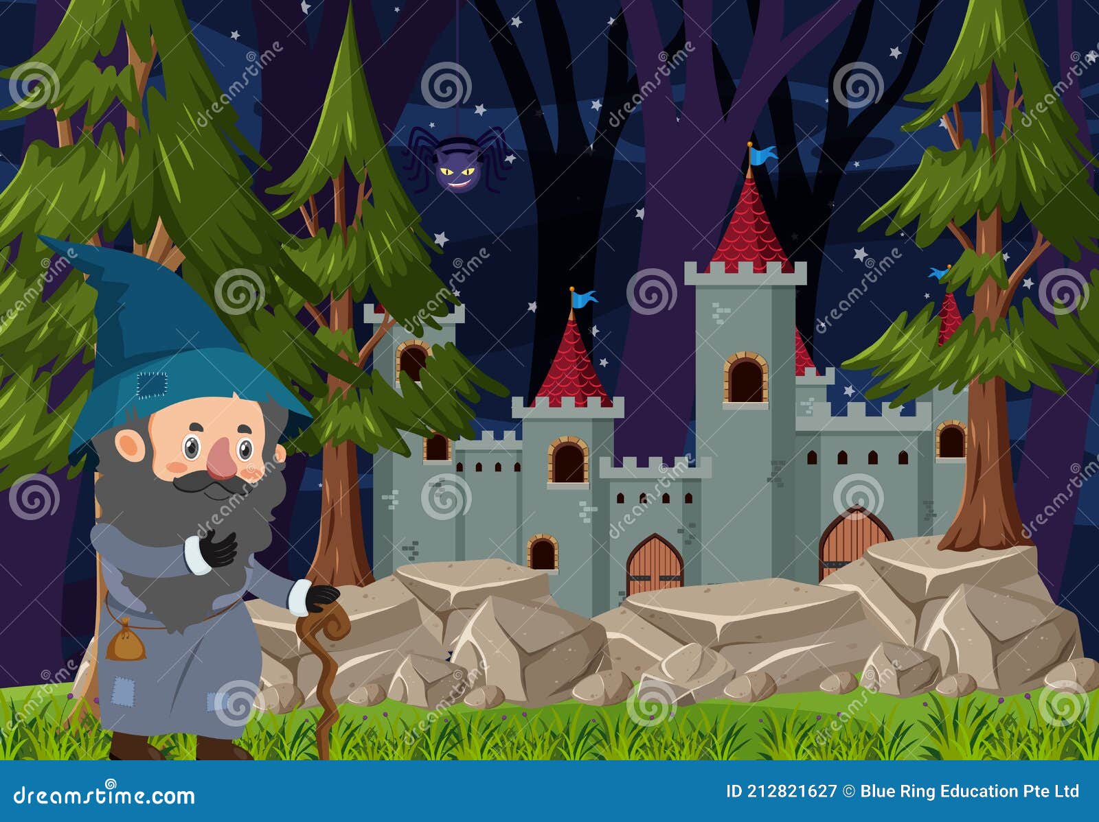 Forest Scene at Night with a Wizard Standing beside the Castle Stock ...