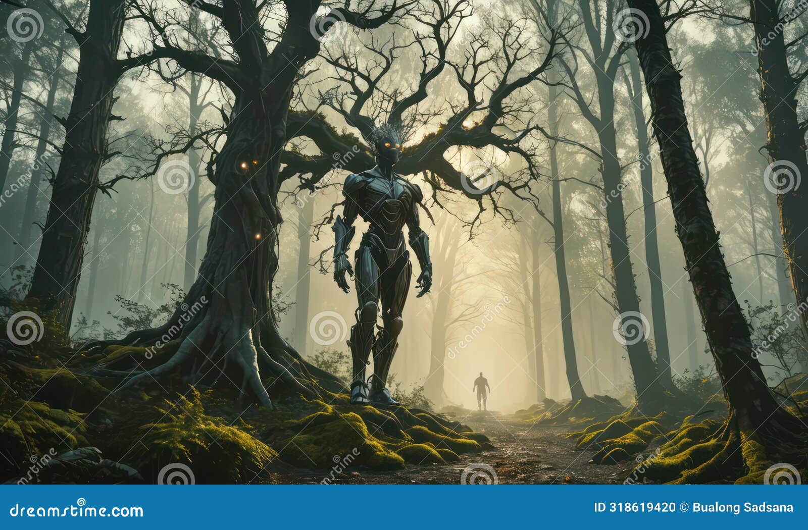 A Forest Scene with a Robot Standing in the Middle of the Path. Stock ...