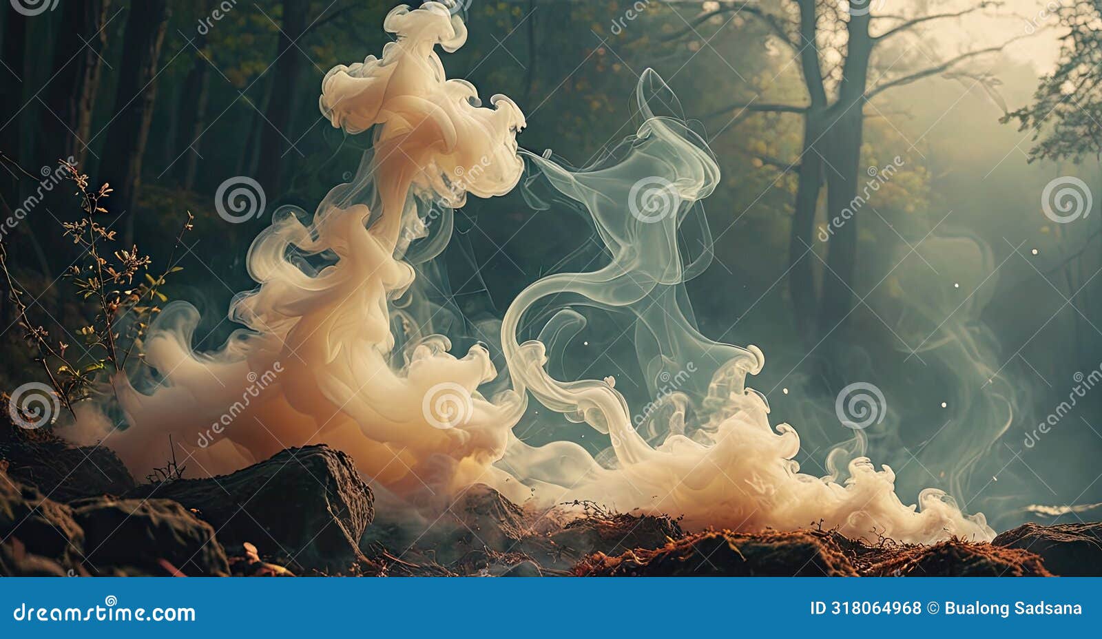 A Forest Scene with Smoke Rising from the Ground. Stock Illustration ...