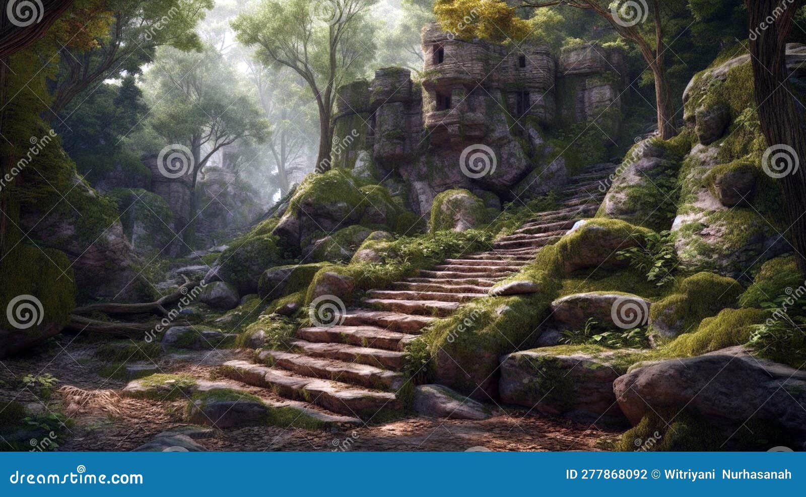 Forest Scenery with Stone Stairs Rocks and Castle. AI Generative Stock ...