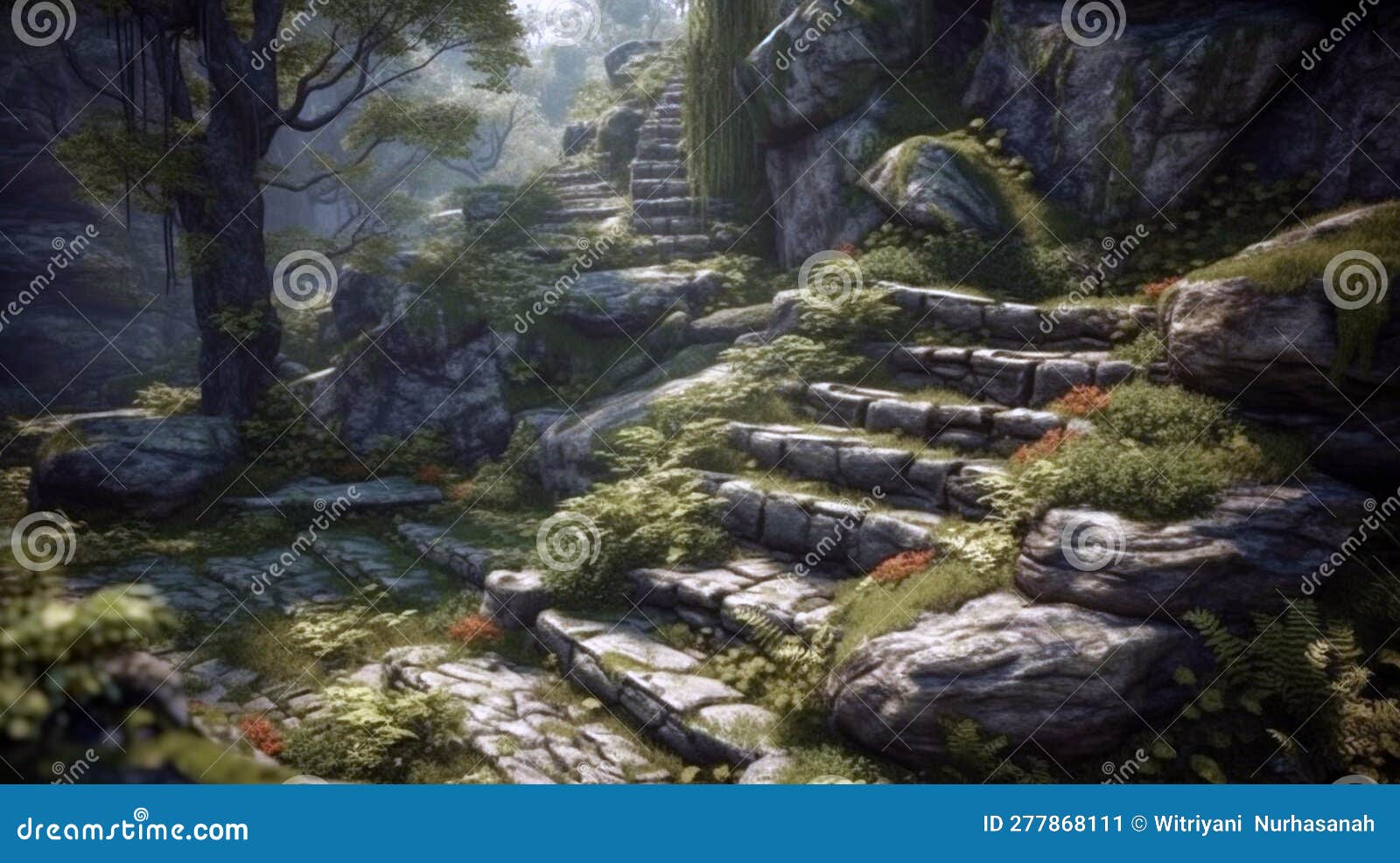 Forest Scenery with Stone Stairs Rocks and Castle. AI Generative Stock ...