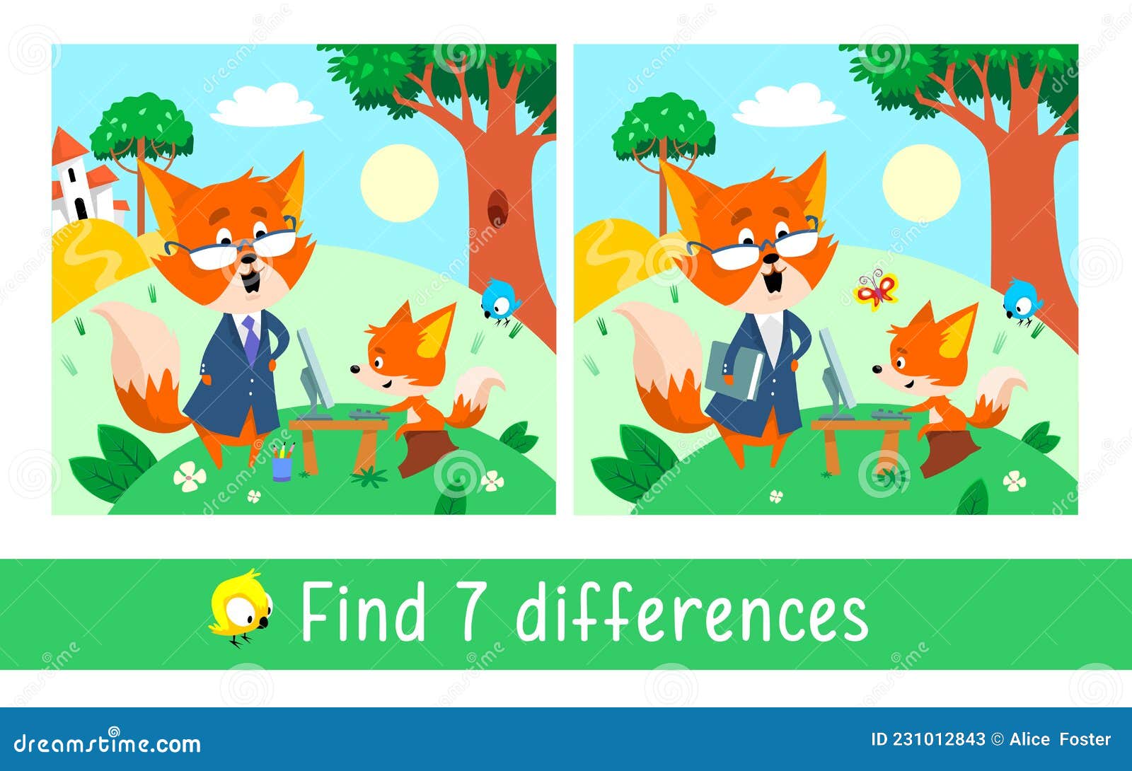 Forest School for Foxes. Find 7 Differences. Game for Children ...