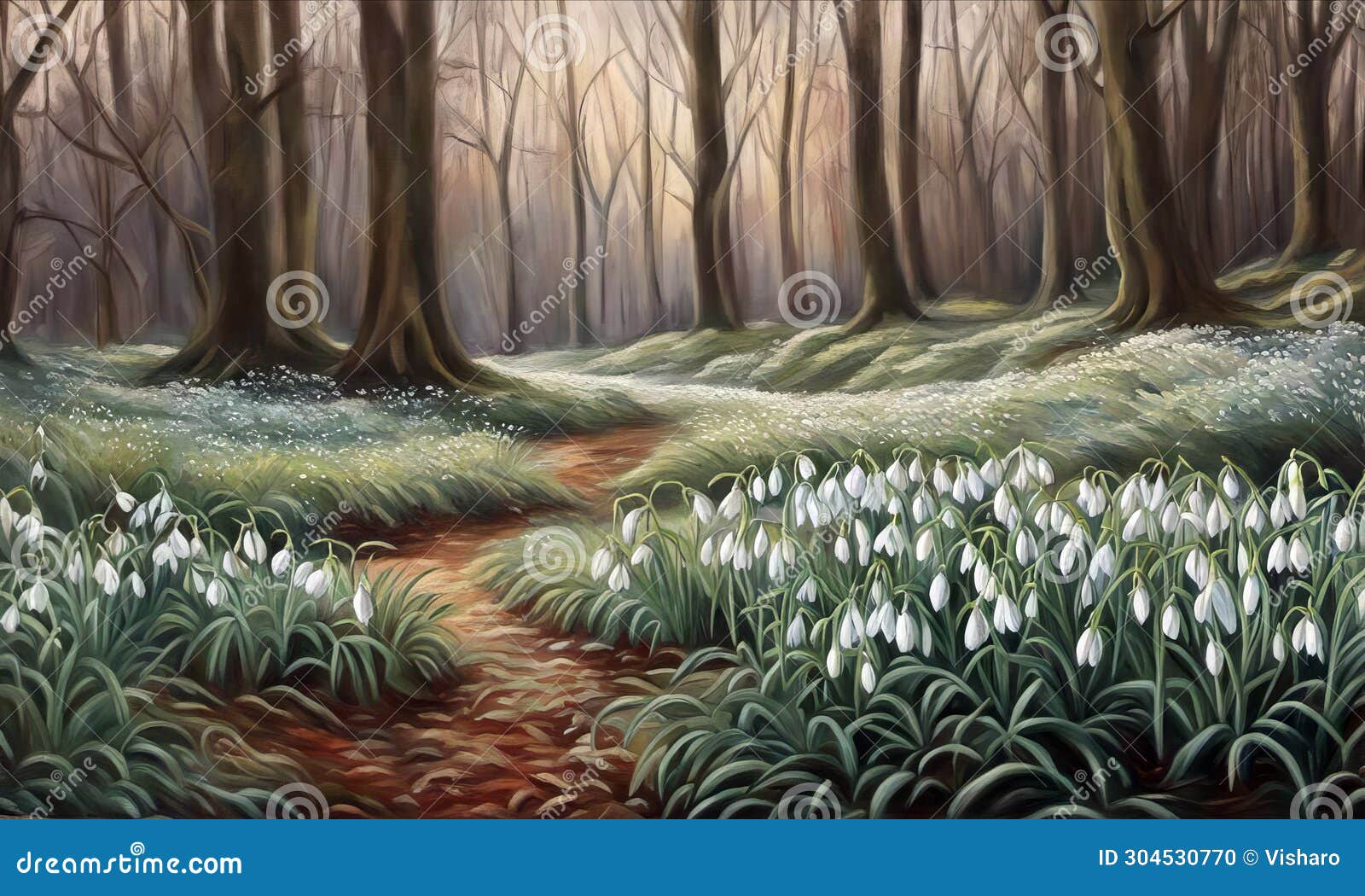 Forest with Snowdrops. Digital Painting Style Stock Illustration ...