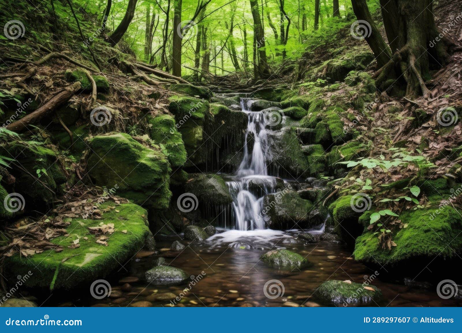 Forest Spring Water Cascading Down a Small Waterfall Stock Image ...