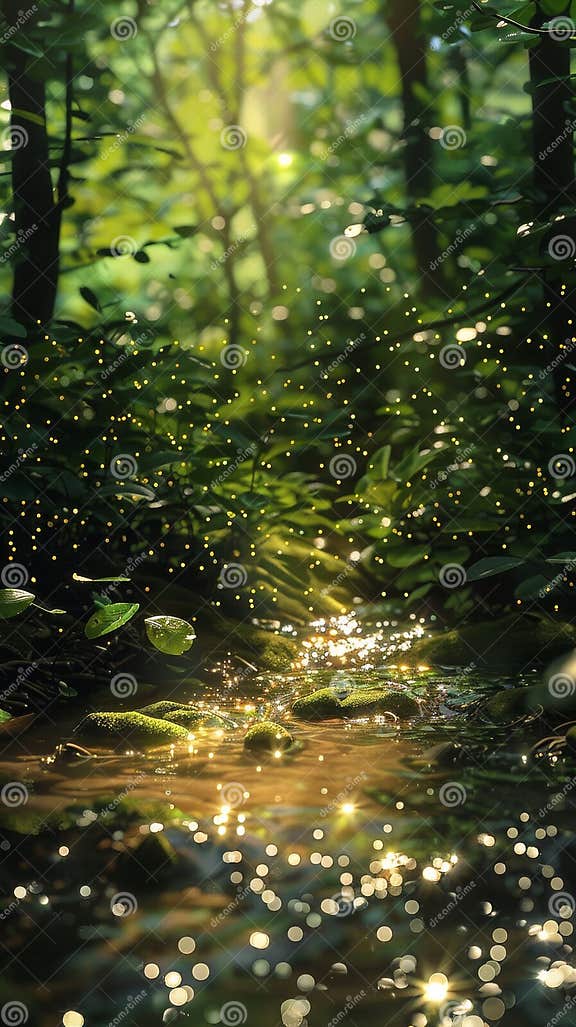 Forest Stream with Fireflies and Sunlight, Natural Tranquility Concept ...