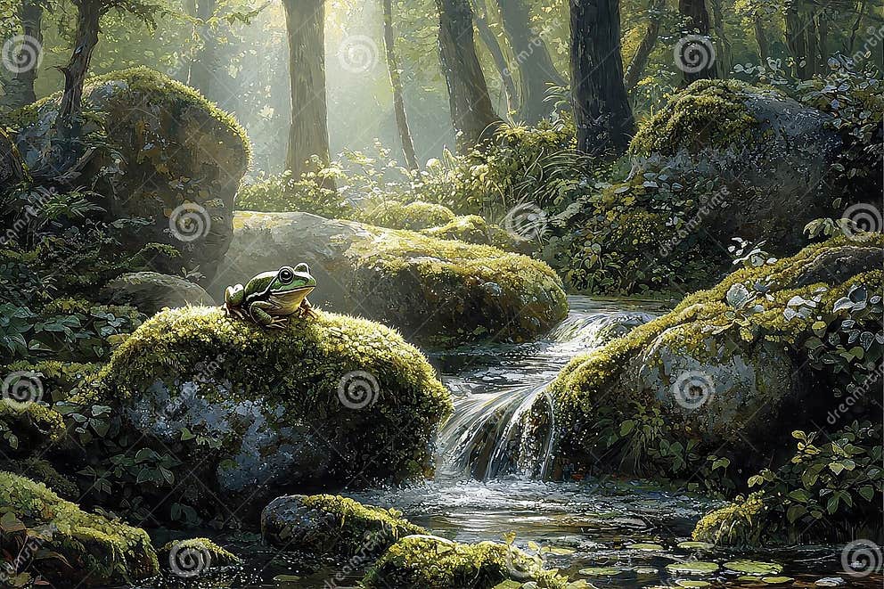 Forest Stream with Frog and Waterfall Stock Illustration - Illustration ...