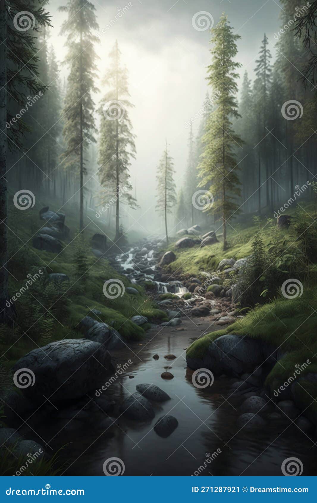 Forest with Stream in Soft Light Stock Illustration - Illustration of ...
