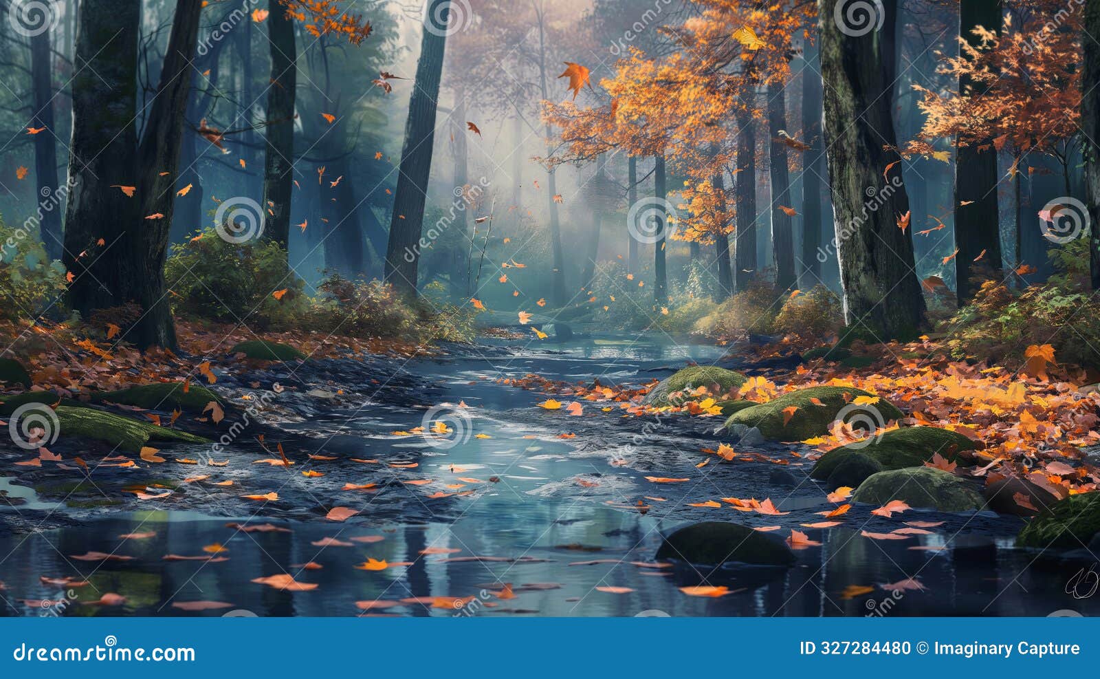 A Forest with a Stream of Water and Leaves Falling from the Trees ...