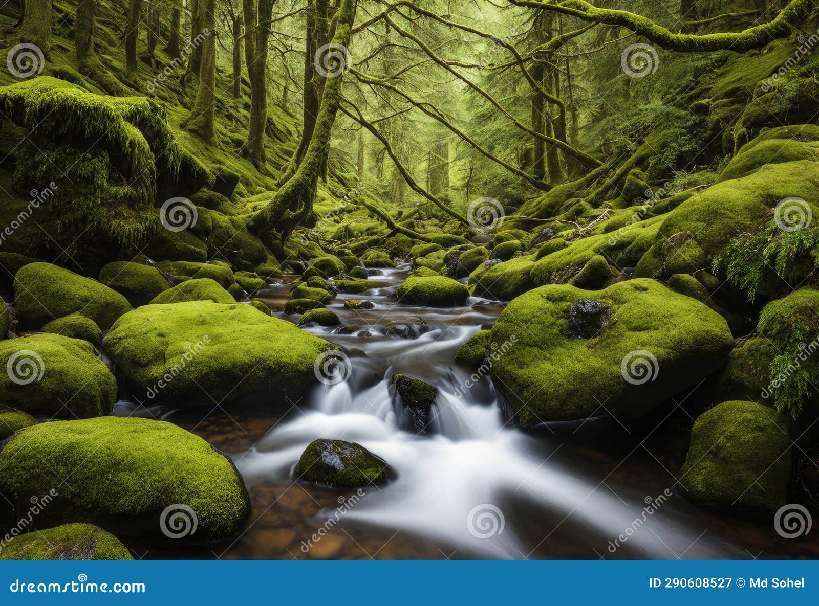 A Forest Stream Winding through Mossy Rocks Stock Illustration ...