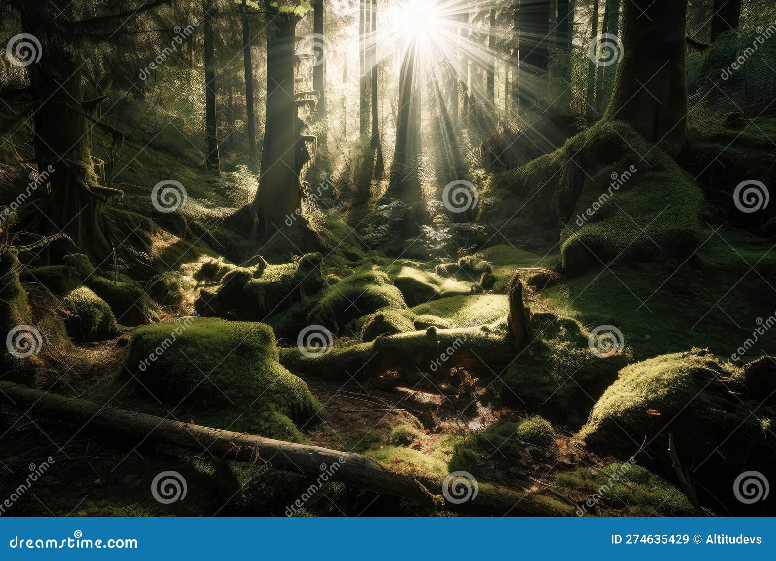 Forest with Sunbeams Shining through the Moss and Onto the Forest Floor ...