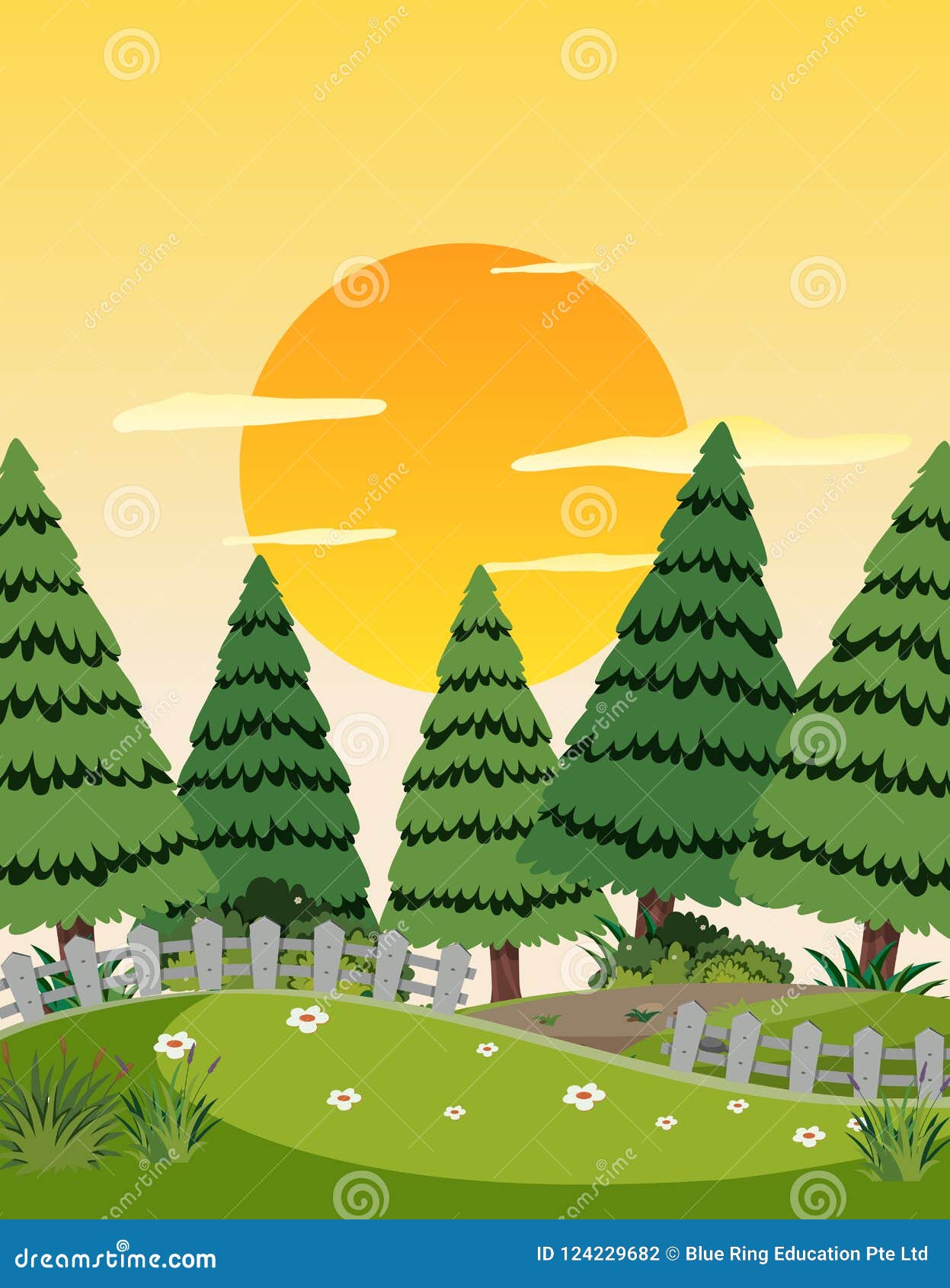 A forest at sunset stock vector. Illustration of sunset - 124229682
