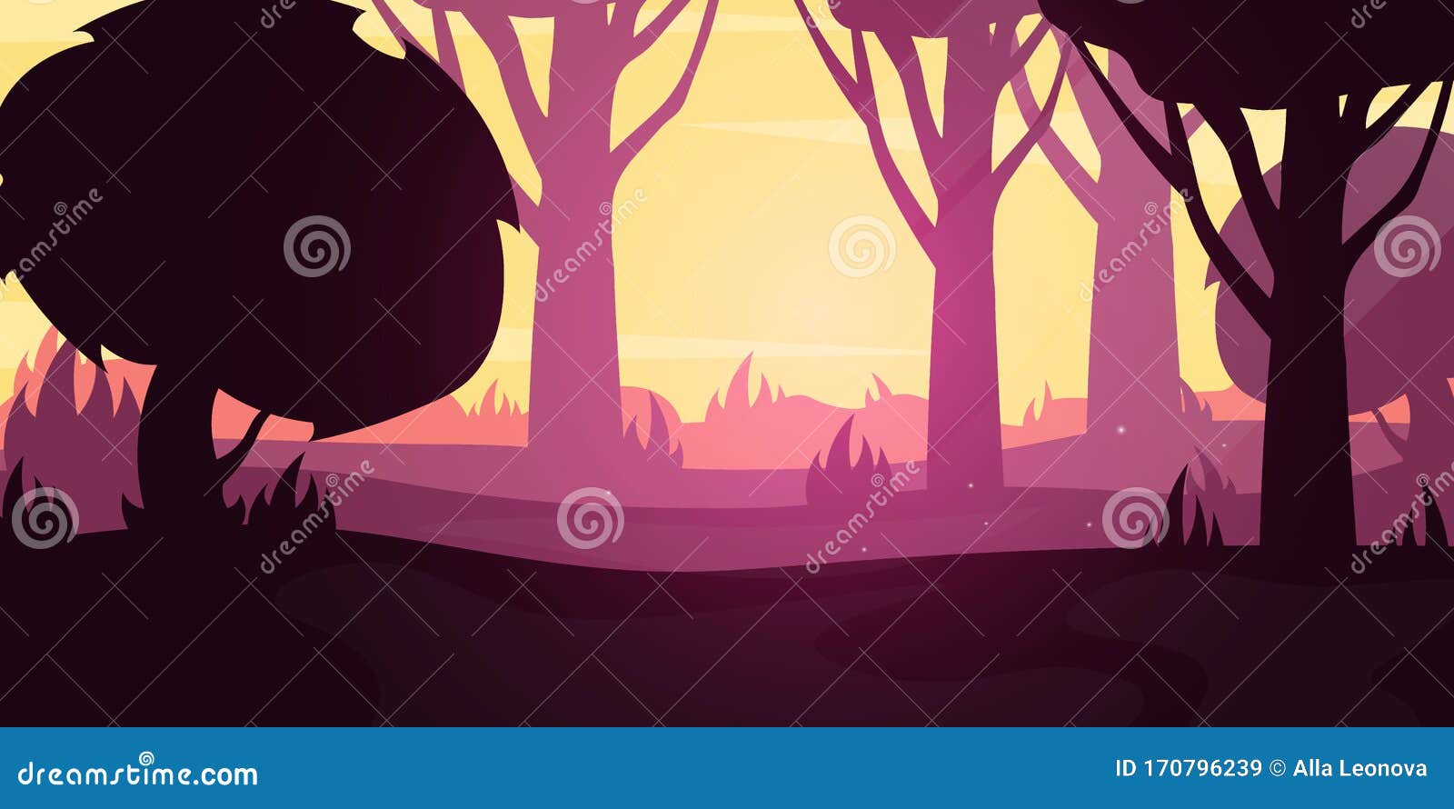 Forest Sunset Landscape Background in the Sunshine. Vector Illustration ...