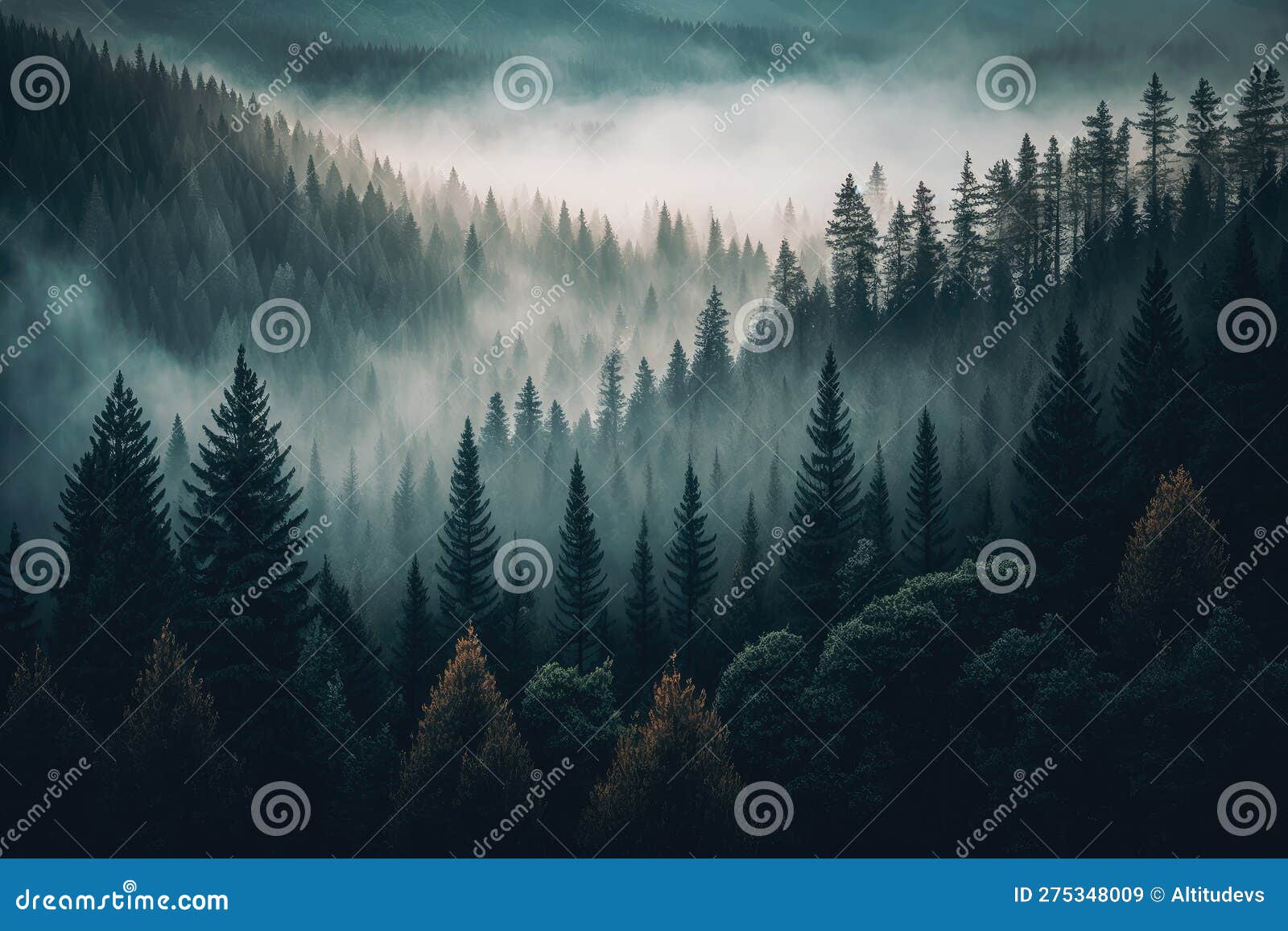 Forest with Towering Trees and Misty Fog, View from the Top of a ...
