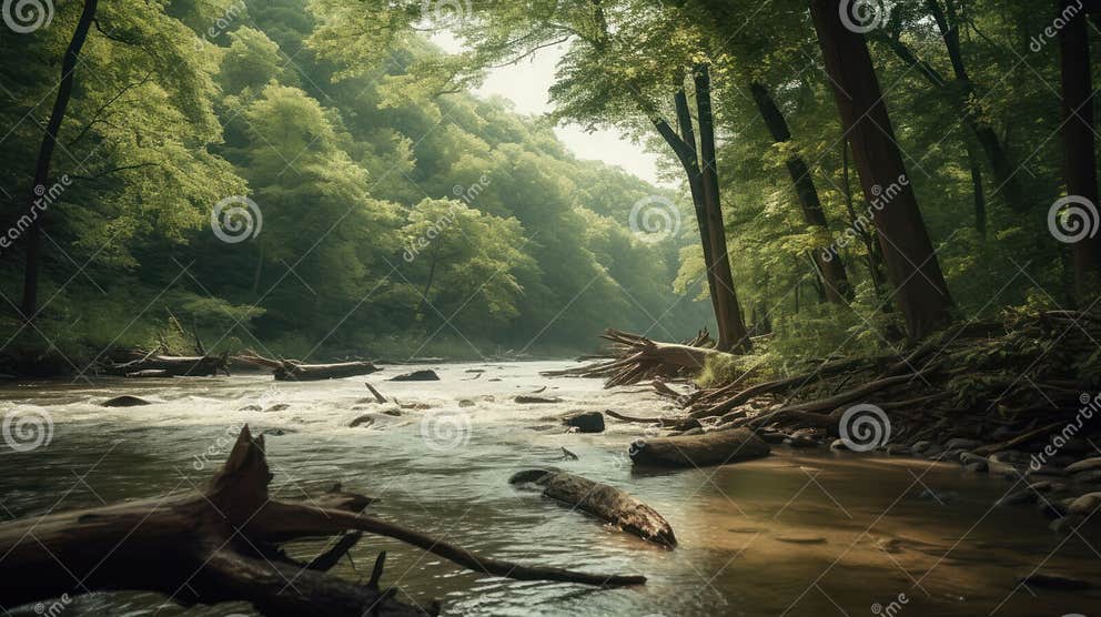 Forest with Towering Trees and Rushing River in the Background Stock ...