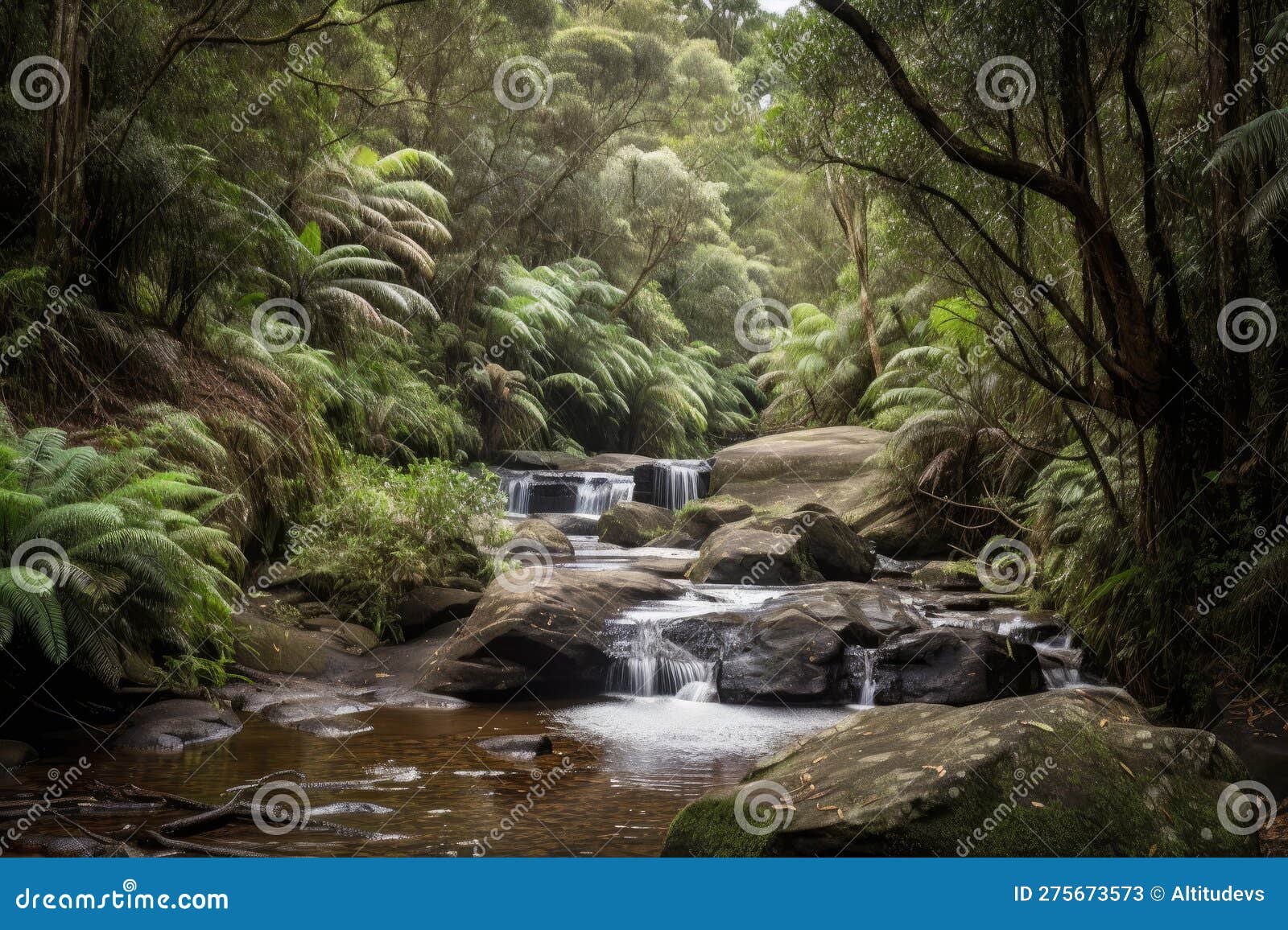Forest and Tranquil Settings, with View of a Waterfall or Stream Stock ...