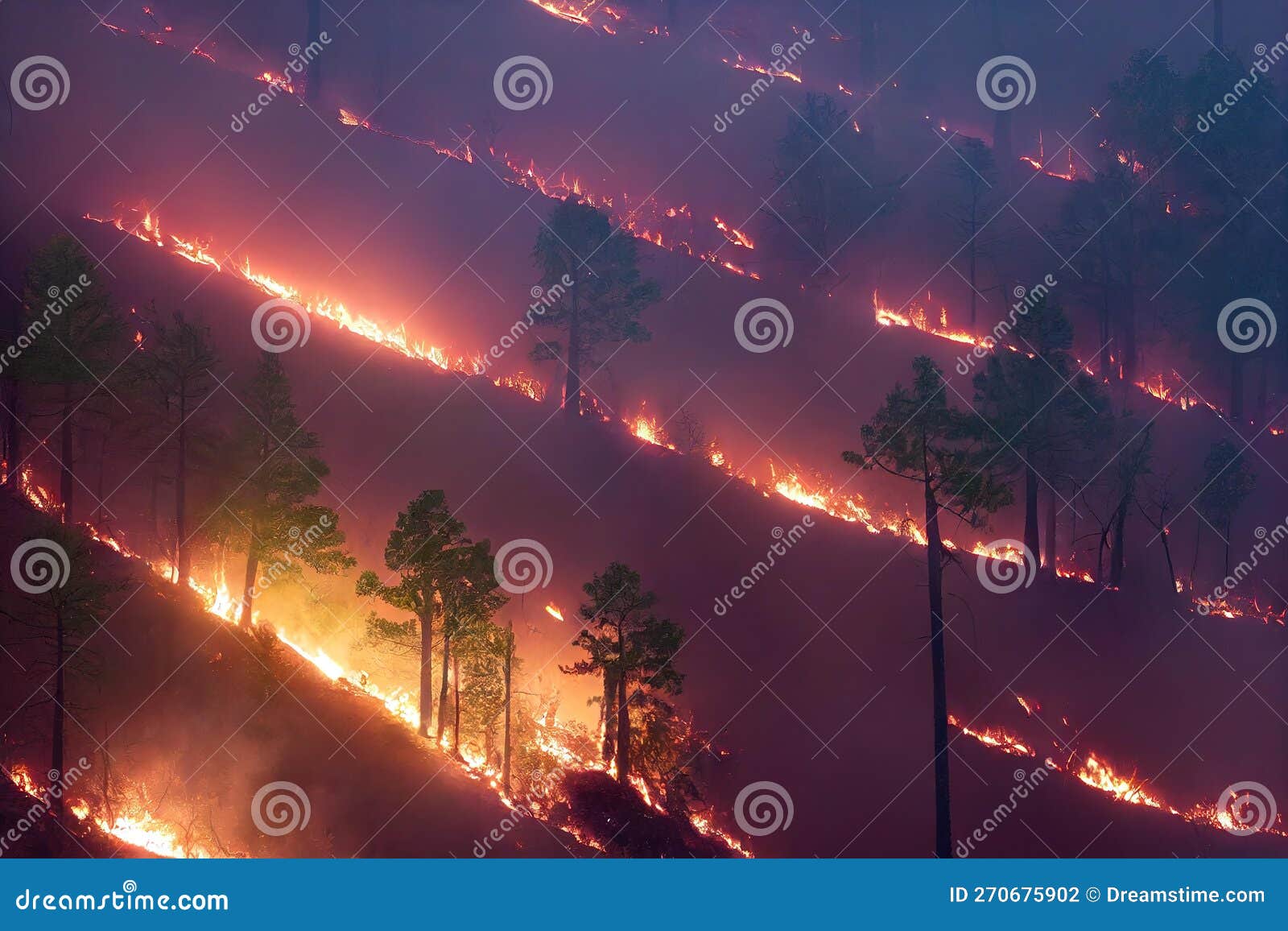 Forest Tree Devoured by Flames of Wildfire Natural Disaster. Effect of ...