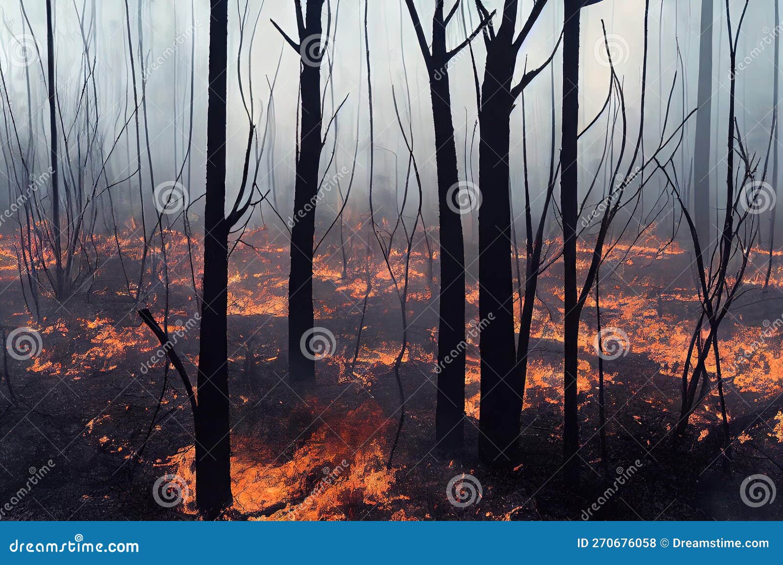 Forest Tree Devoured By Flames Of Wildfire Natural Disaster. Effect Of ...