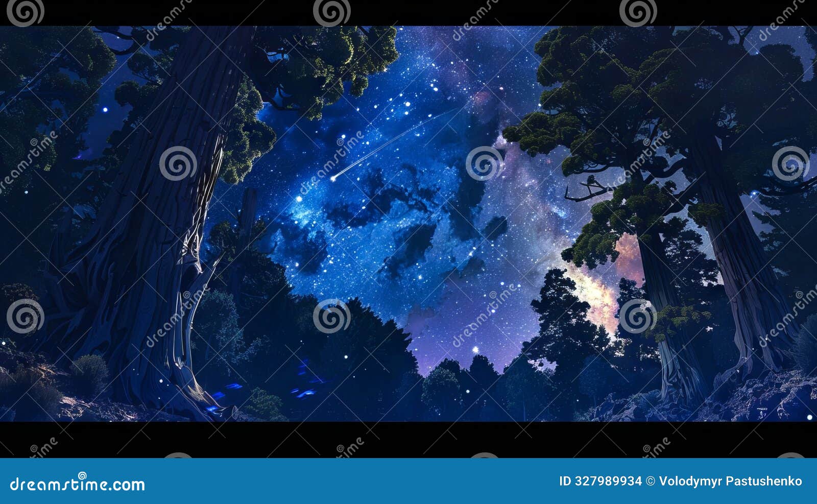 A Forest with Trees and Stars in the Sky Stock Photo - Image of tree ...