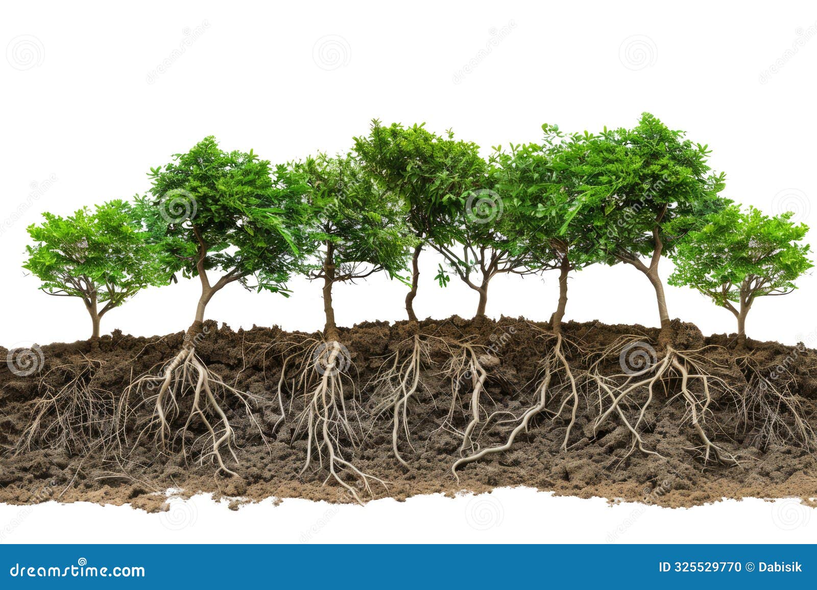 Forest Trees with Visible Roots in Soil on White Background Stock Photo ...