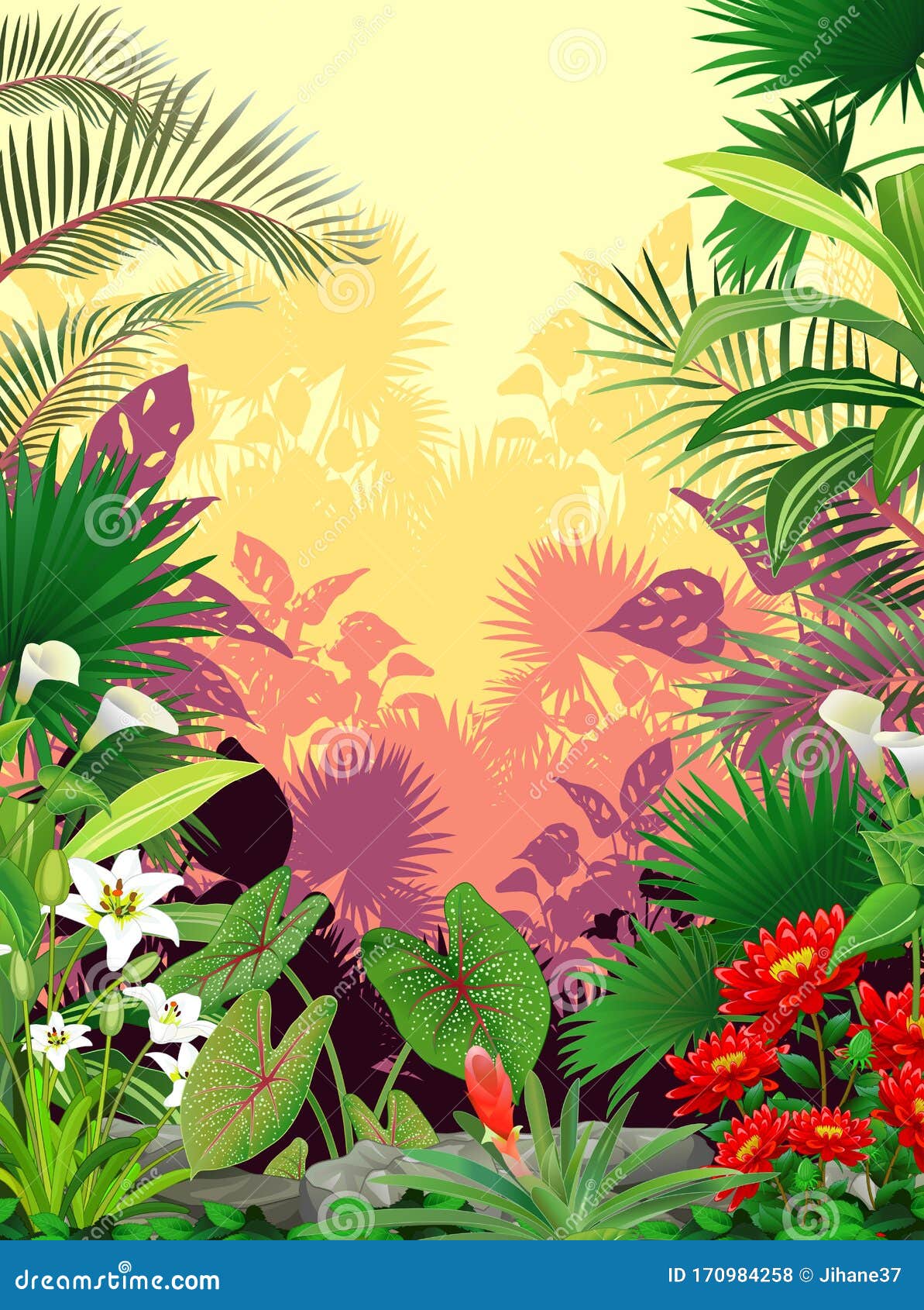 Forest with Tropical Plant and Flower Cartoon Stock Photo - Image of ...