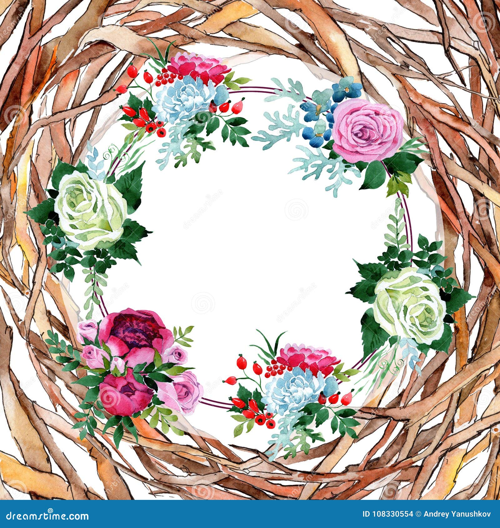 Forest Twig Branches Frame in a Hand Drawn Watercolor Style. Stock ...