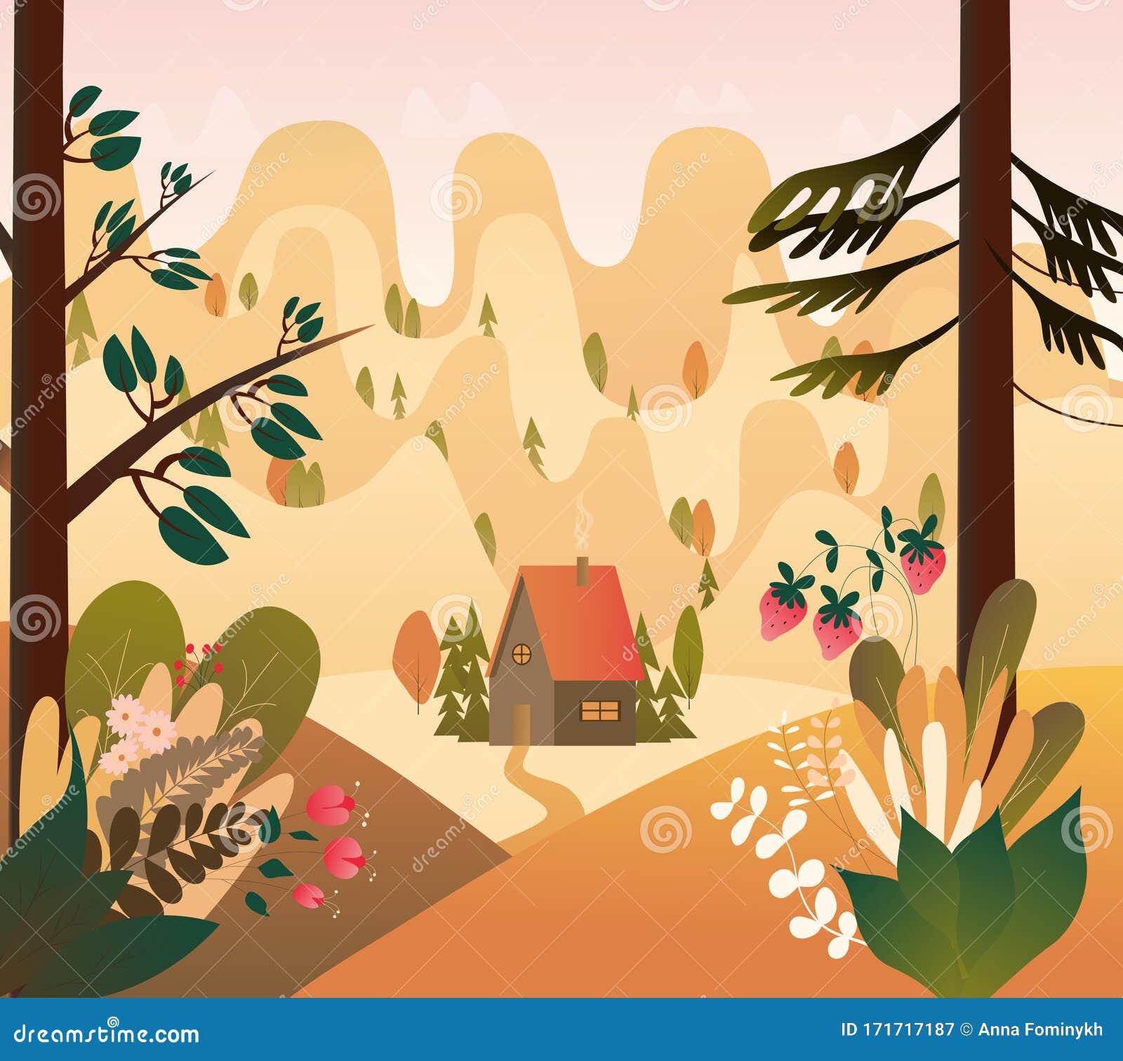 Vector Illusrtation of Mountain Forest Valley in Warm Colours Stock ...