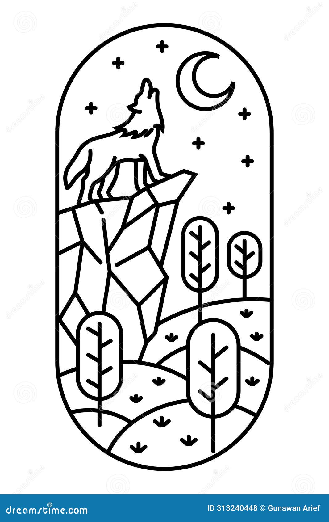 Forest View at Night Line Art Illustration Stock Vector - Illustration ...