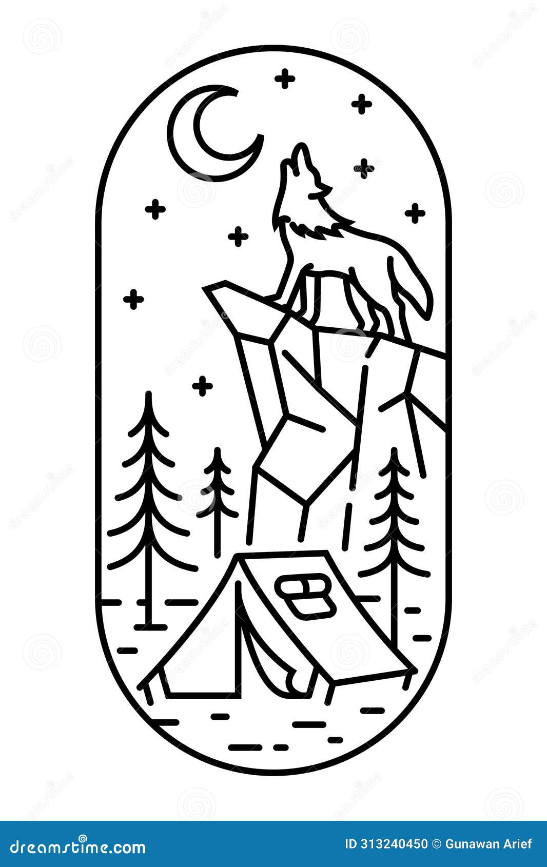 Forest View at Night Line Art Illustration Stock Vector - Illustration ...