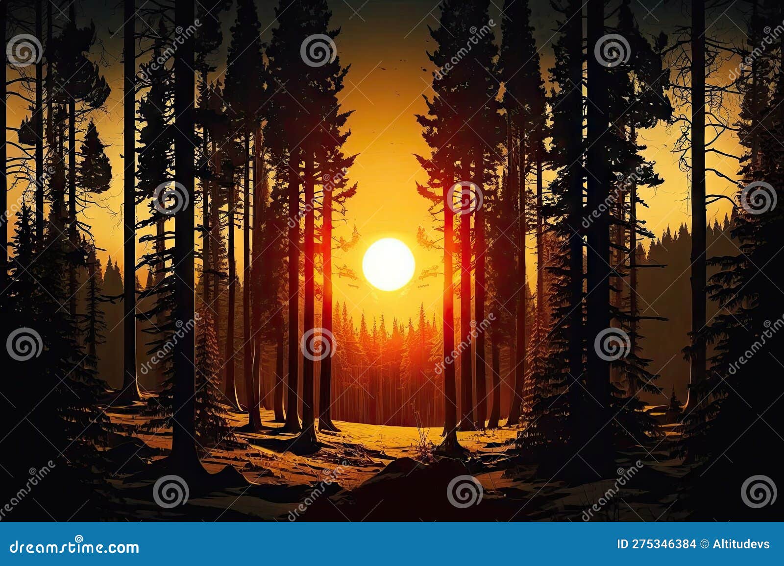 Forest, with View of Sun Setting Behind the Trees Stock Illustration ...