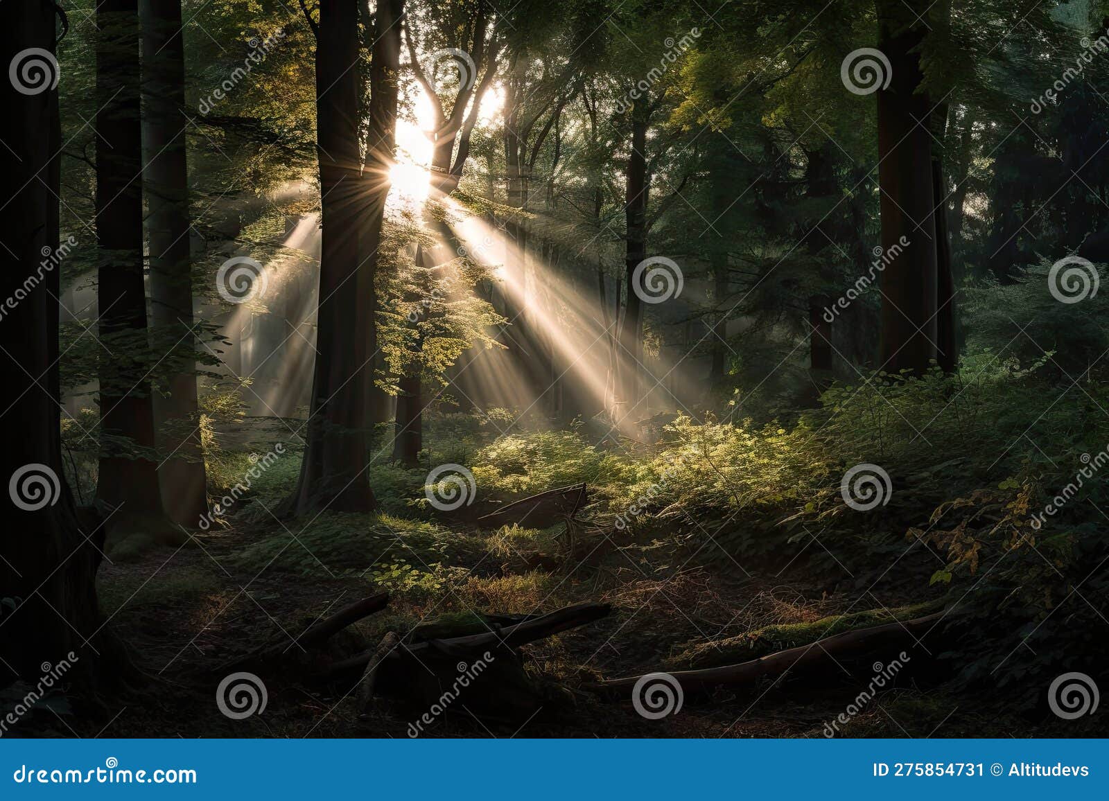Forest , with View of Sunbeams Shining through the Trees Stock ...