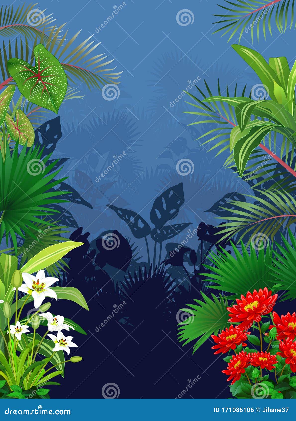 Forest View with Tropical Plant an Flower Cartoon Stock Illustration ...