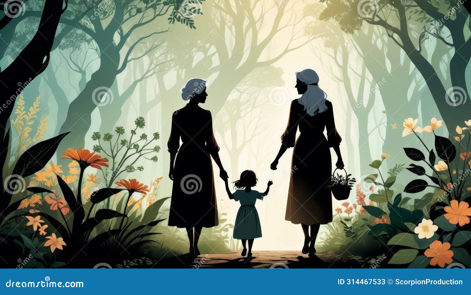 Forest Walk with Generations Silhouetted Stock Illustration ...