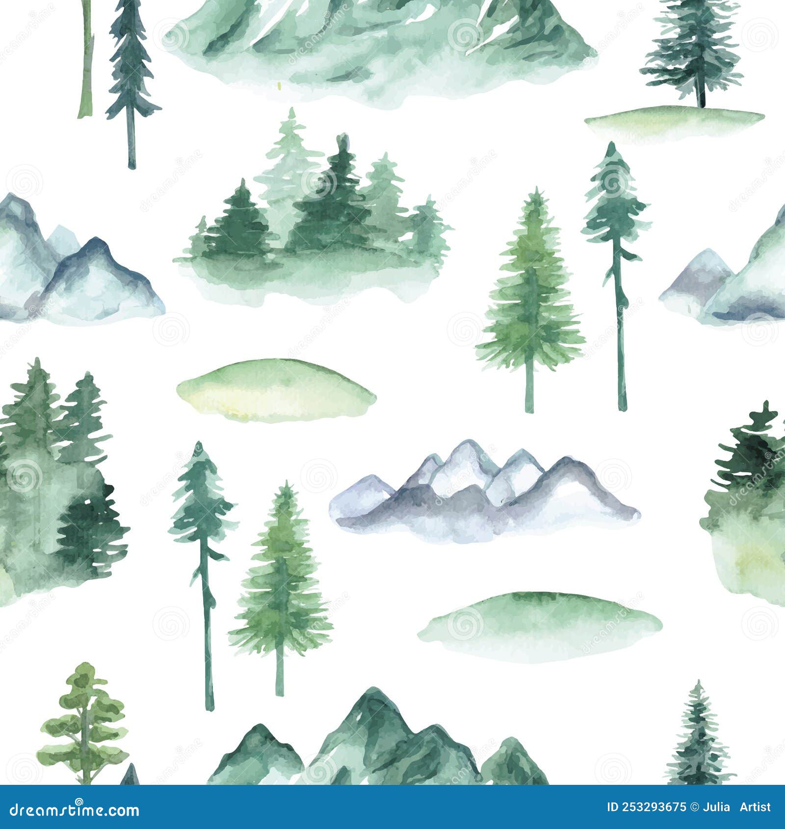 Forest Watercolor Pattern with Mountains and Trees Stock Vector ...