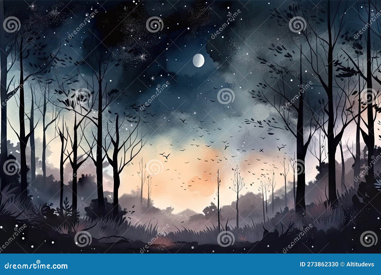Forest Watercolor Scene with Fireflies, Stars and Moonlight Stock ...