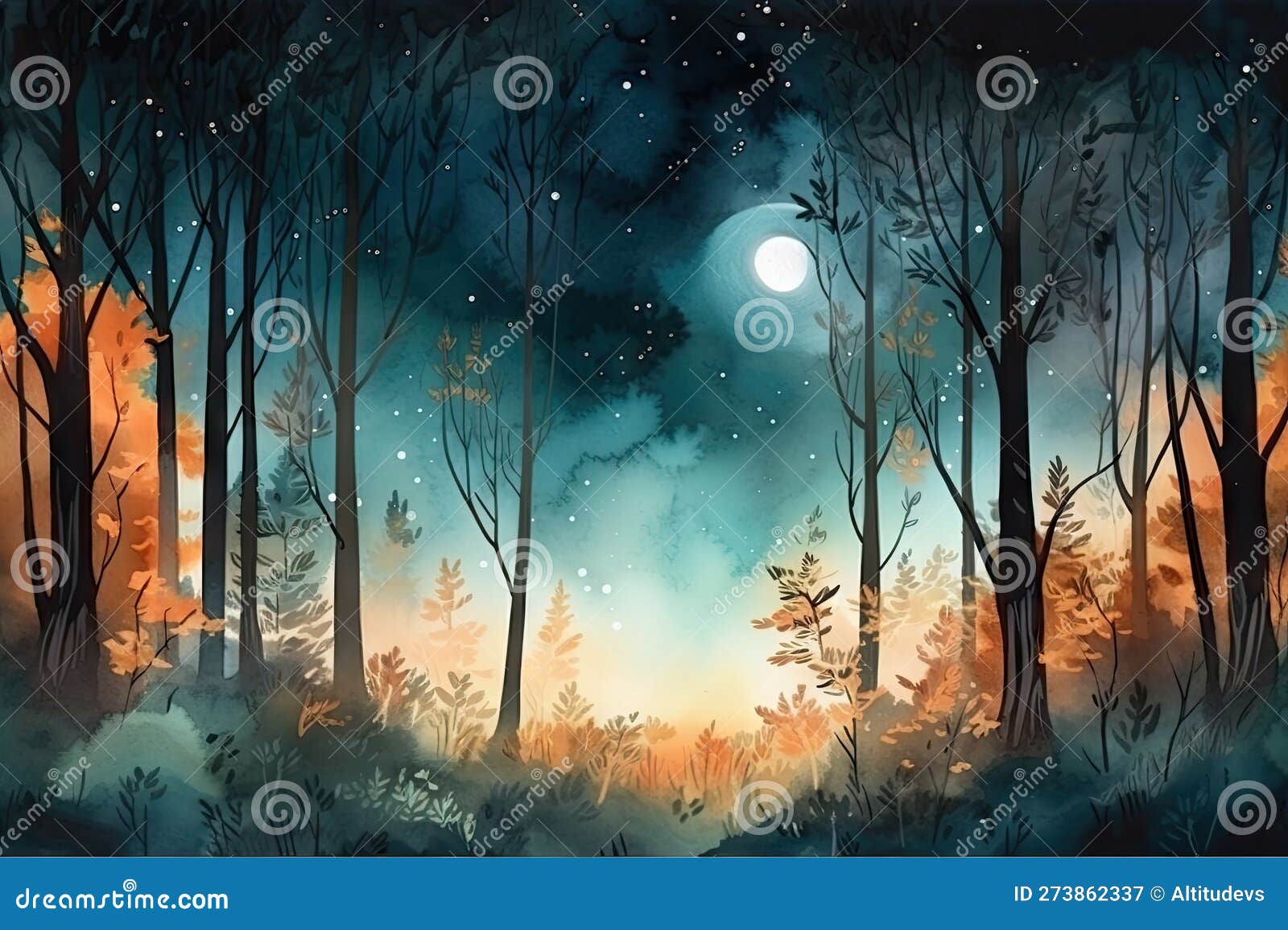 Forest Watercolor Scene with Fireflies, Stars and Moonlight Stock ...