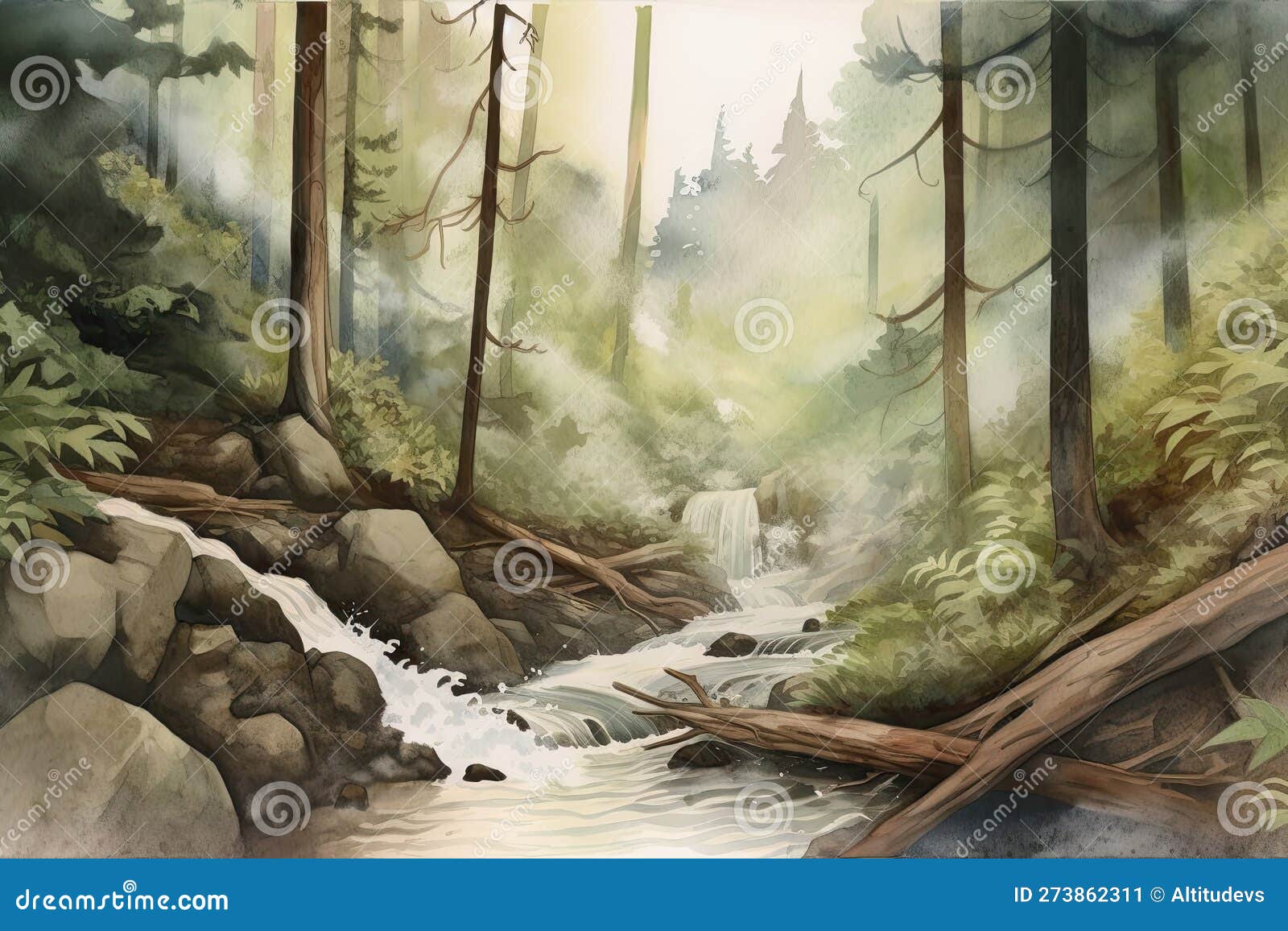 Forest Watercolor Scene, with Waterfall and Rushing Stream in the ...