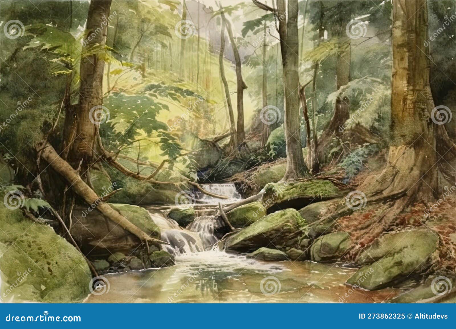 Forest Watercolor Scene, with Waterfall and Rushing Stream in the ...
