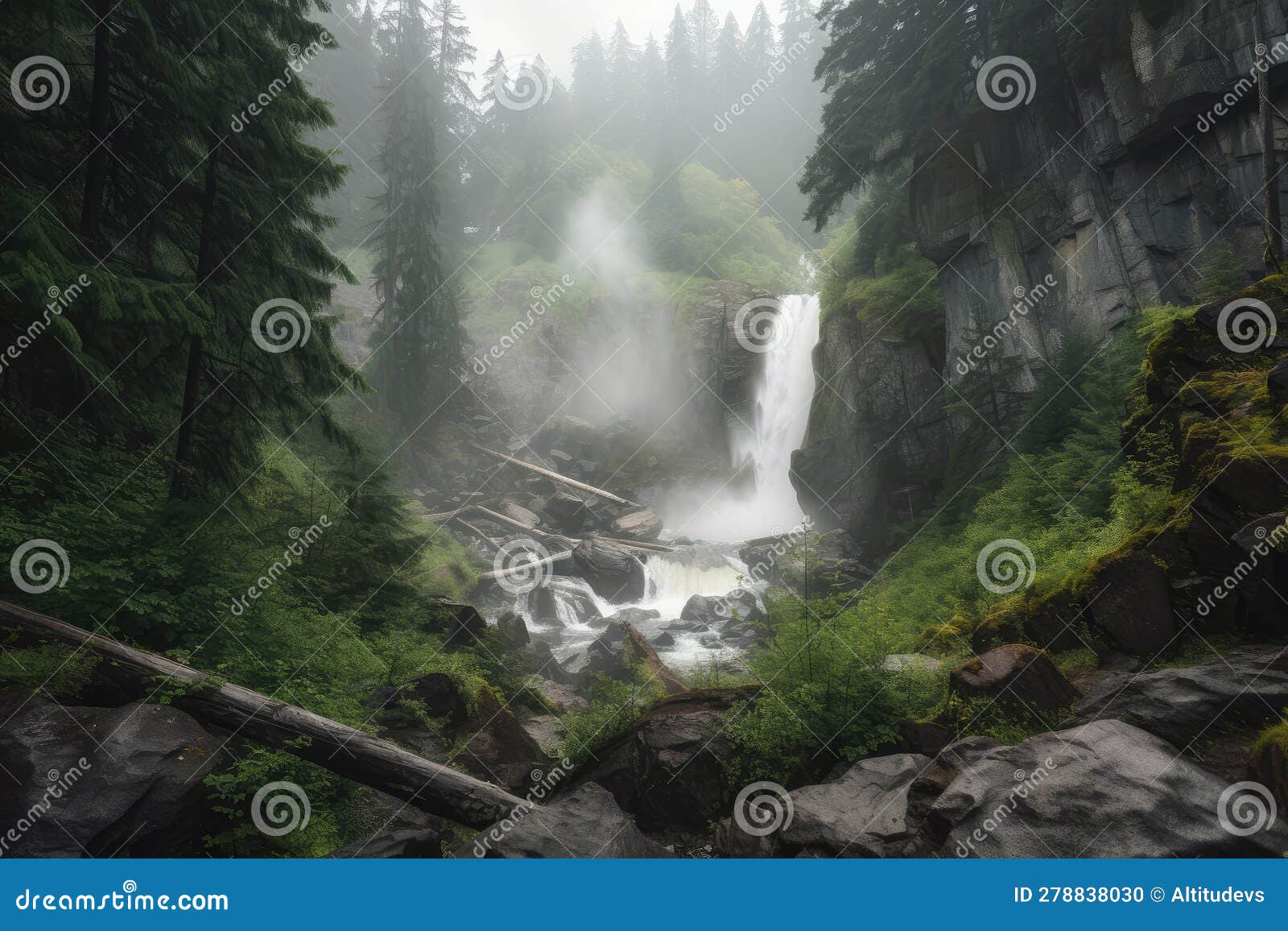 Forest with Waterfall and Mist, Surrounded by Rocky Cliffs Stock ...