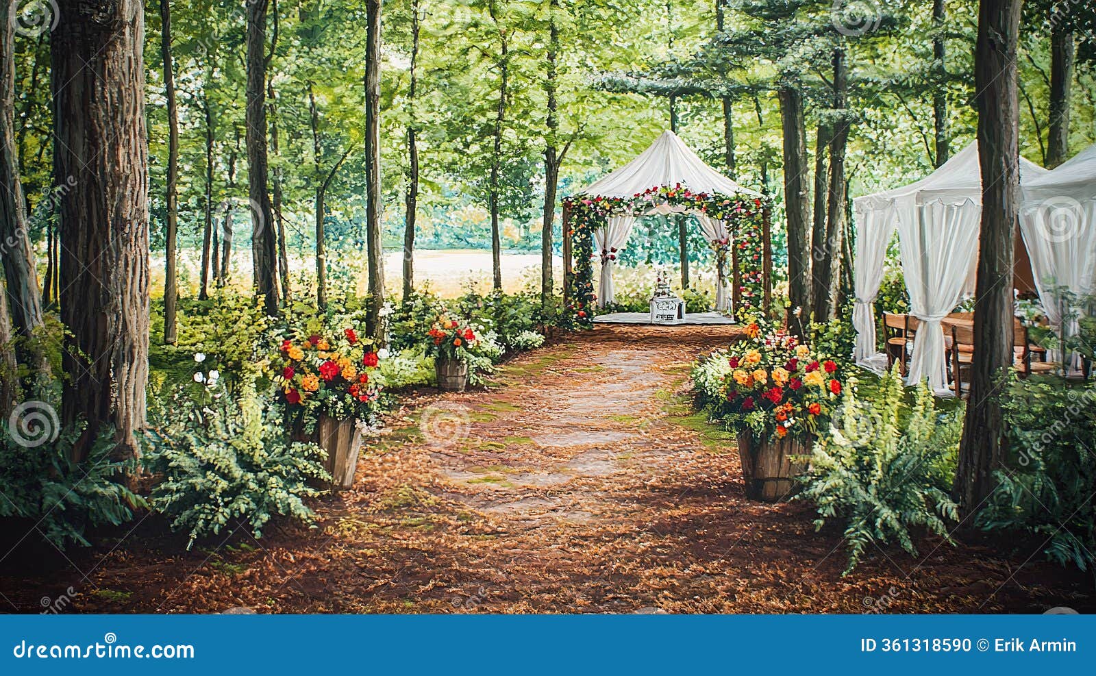 Forest Wedding Ceremony Setup with Floral Arch and Path Stock Photo ...