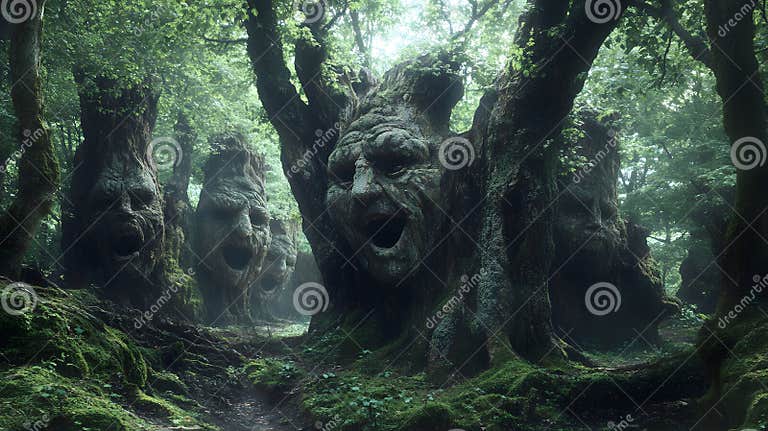 A Forest Where the Trees Have Faces Stock Illustration - Illustration ...