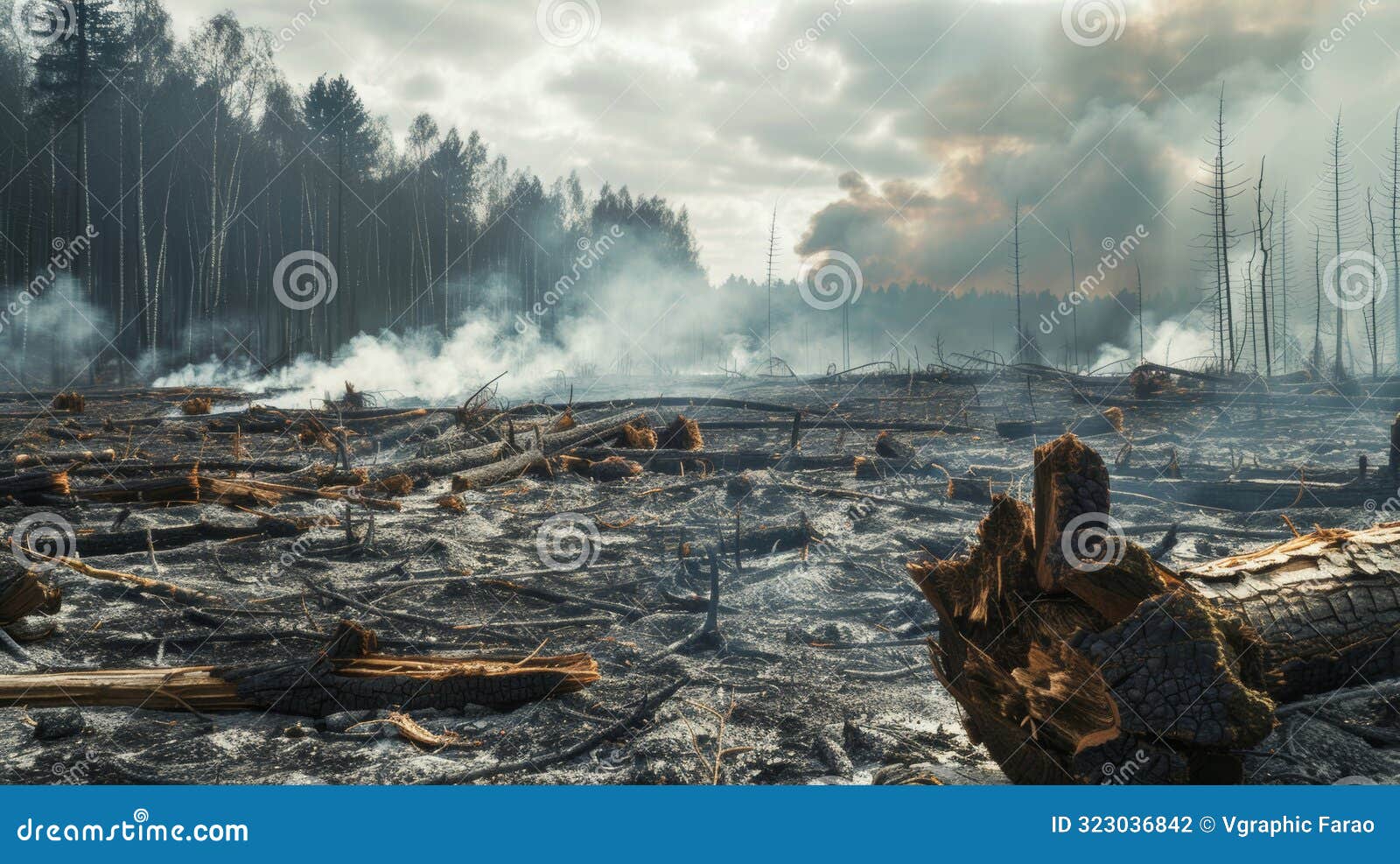 Forest after Wildfire with Smoke and Charred Trees, Devastating ...